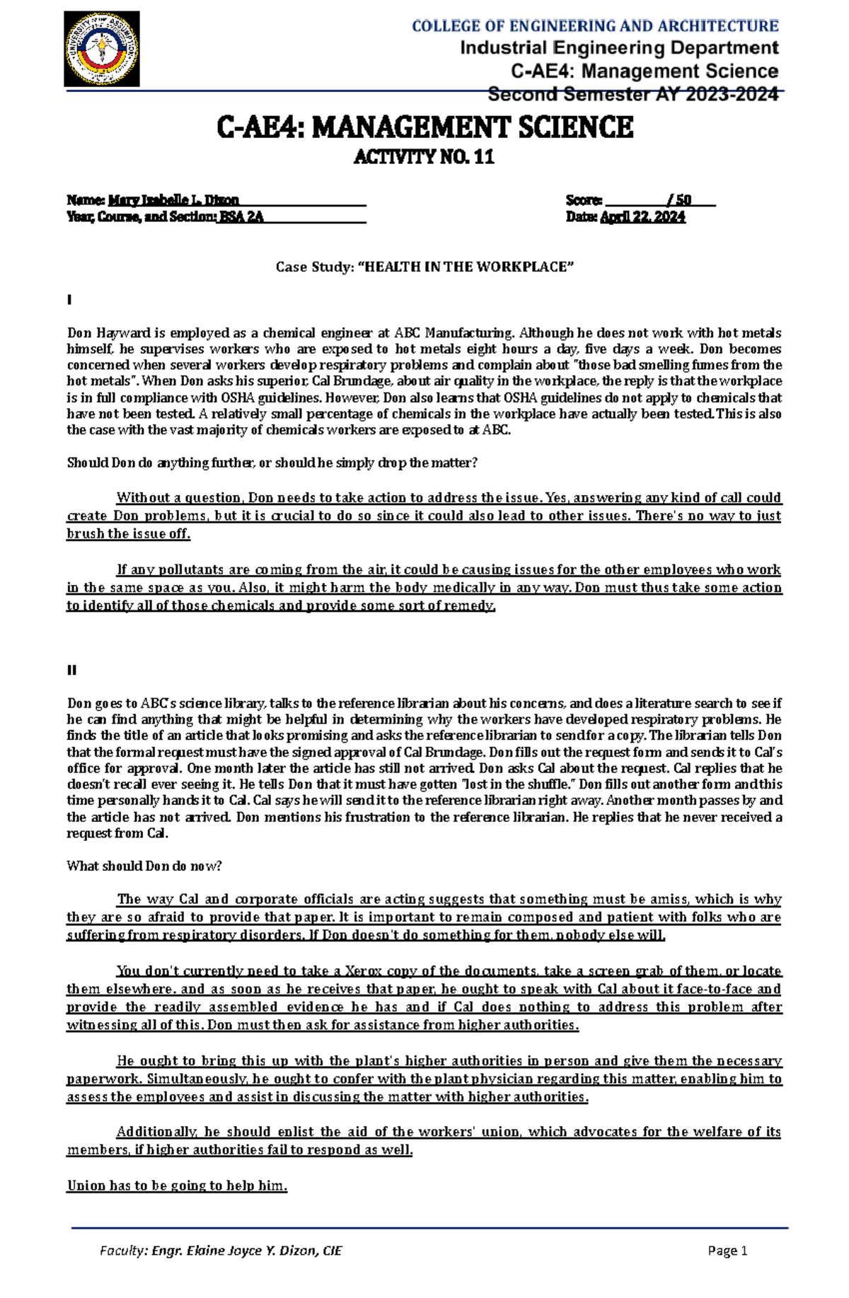 Copy of C-AE4 Activity 11 - C-AE4: MANAGEMENT SCIENCE ACTIVITY NO. 11 ...