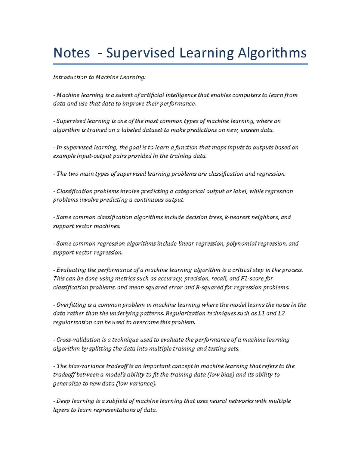 Lecture Notes Supervised Learning Algorithms Notes Supervised Learning Algorithms 