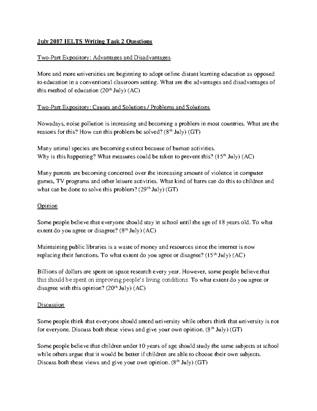 July 2017 Ielts Writing Speaking Questions - July 2017 IELTS Writing ...