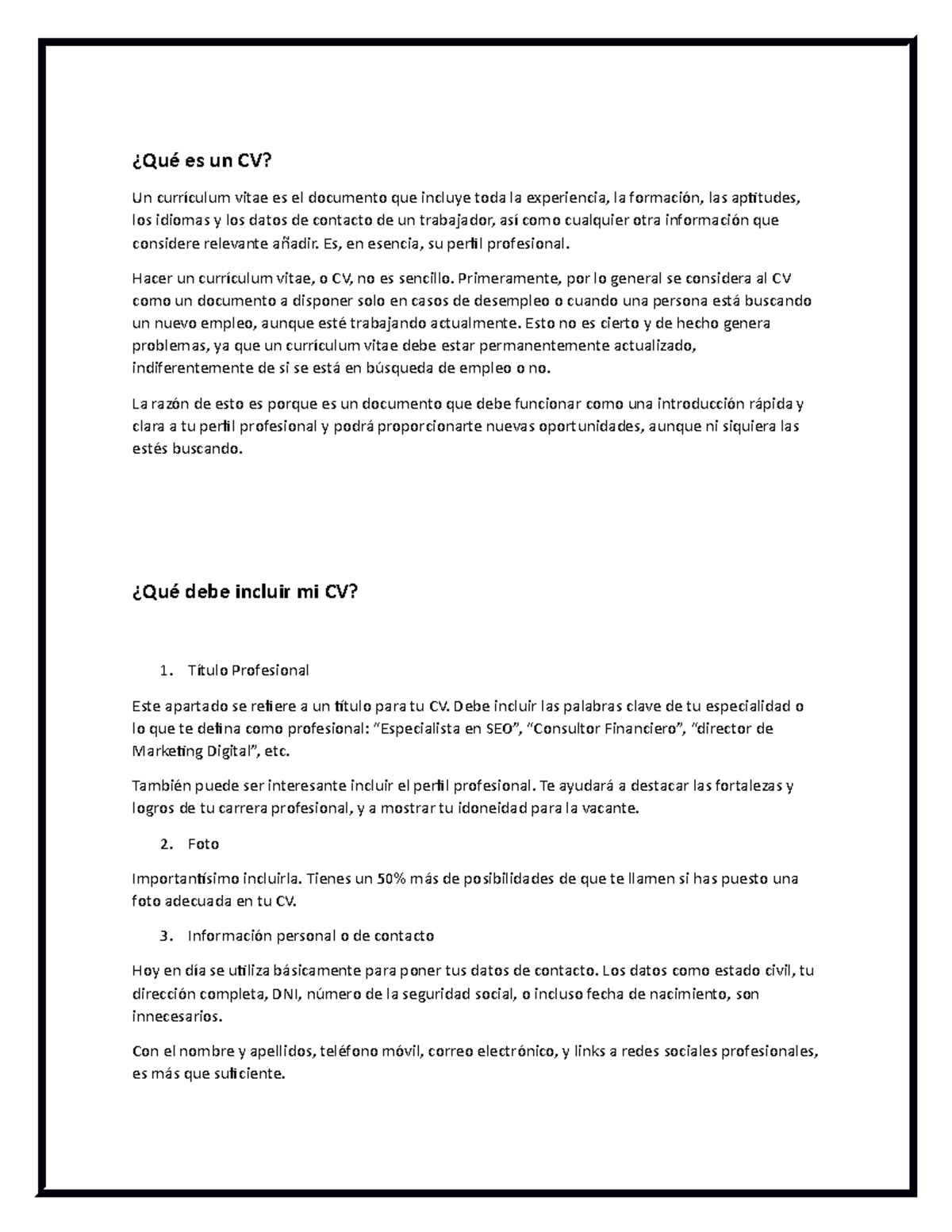 Qué es un CV - características de un cv - ¿Qué es un CV? Un currículum ...