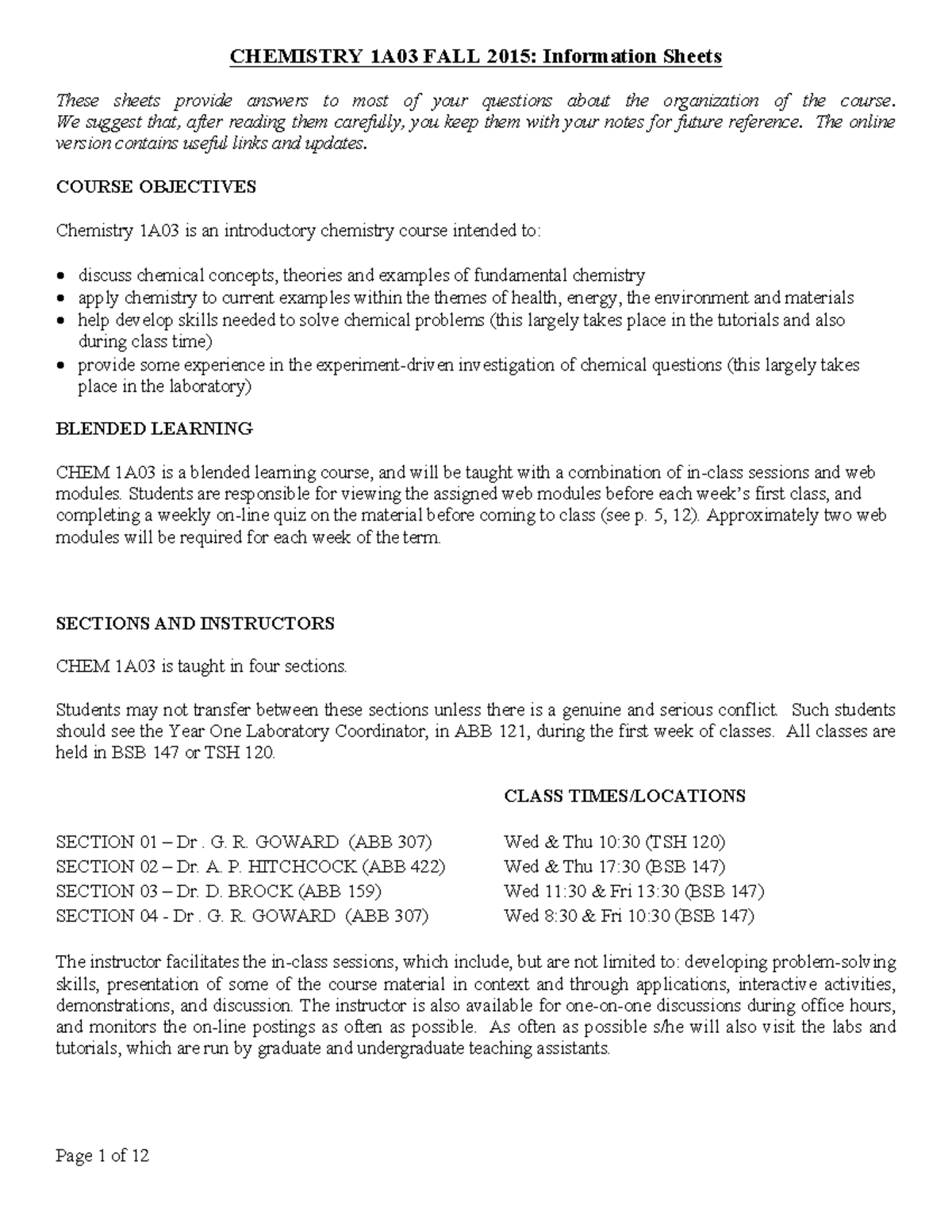 Course Information Sheets - These sheets provide answers to most of ...