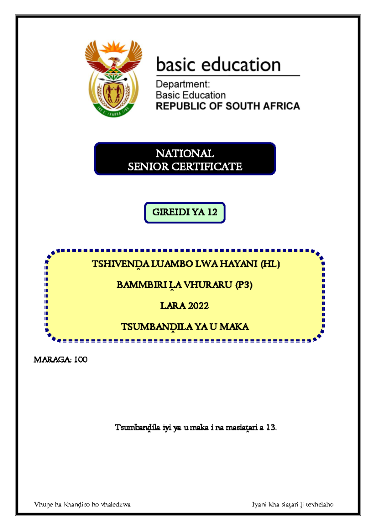 Tshivenda HL P3 Nov 2022 MG - MARAGA: 100 Tsumban»ila iyi ya u maka i ...