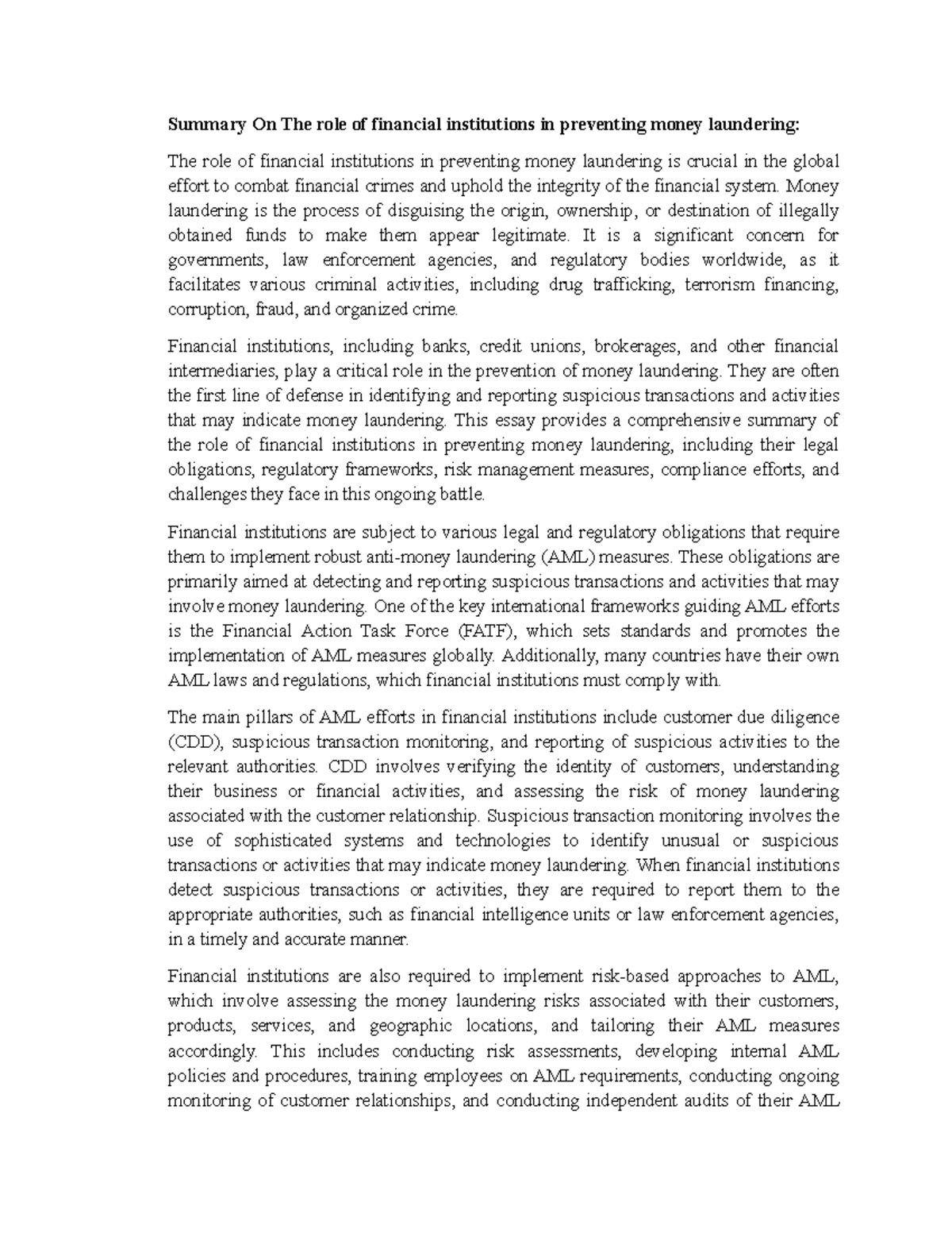Summary On The role of financial institutions in preventing money ...