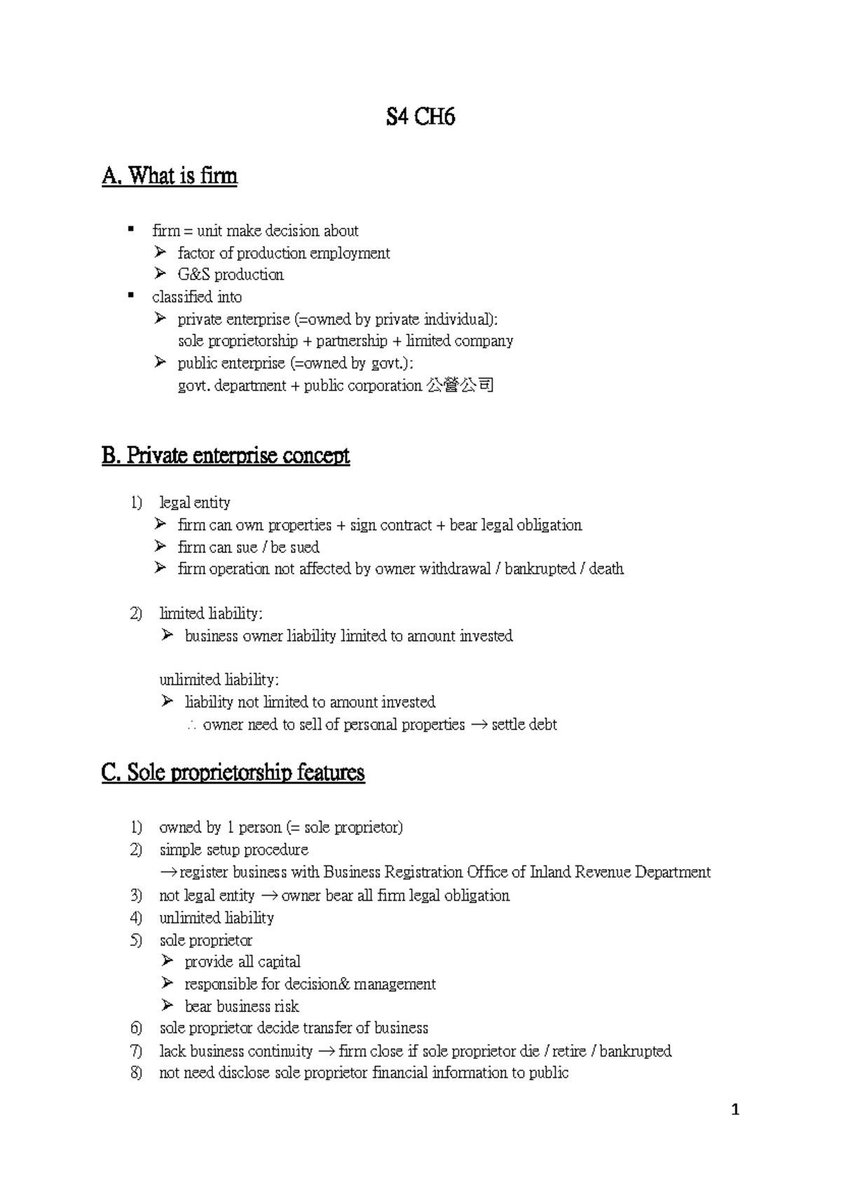 S4 CH6 - IB notes - S4 CH 6 A. What is firm firm = unit make decision ...