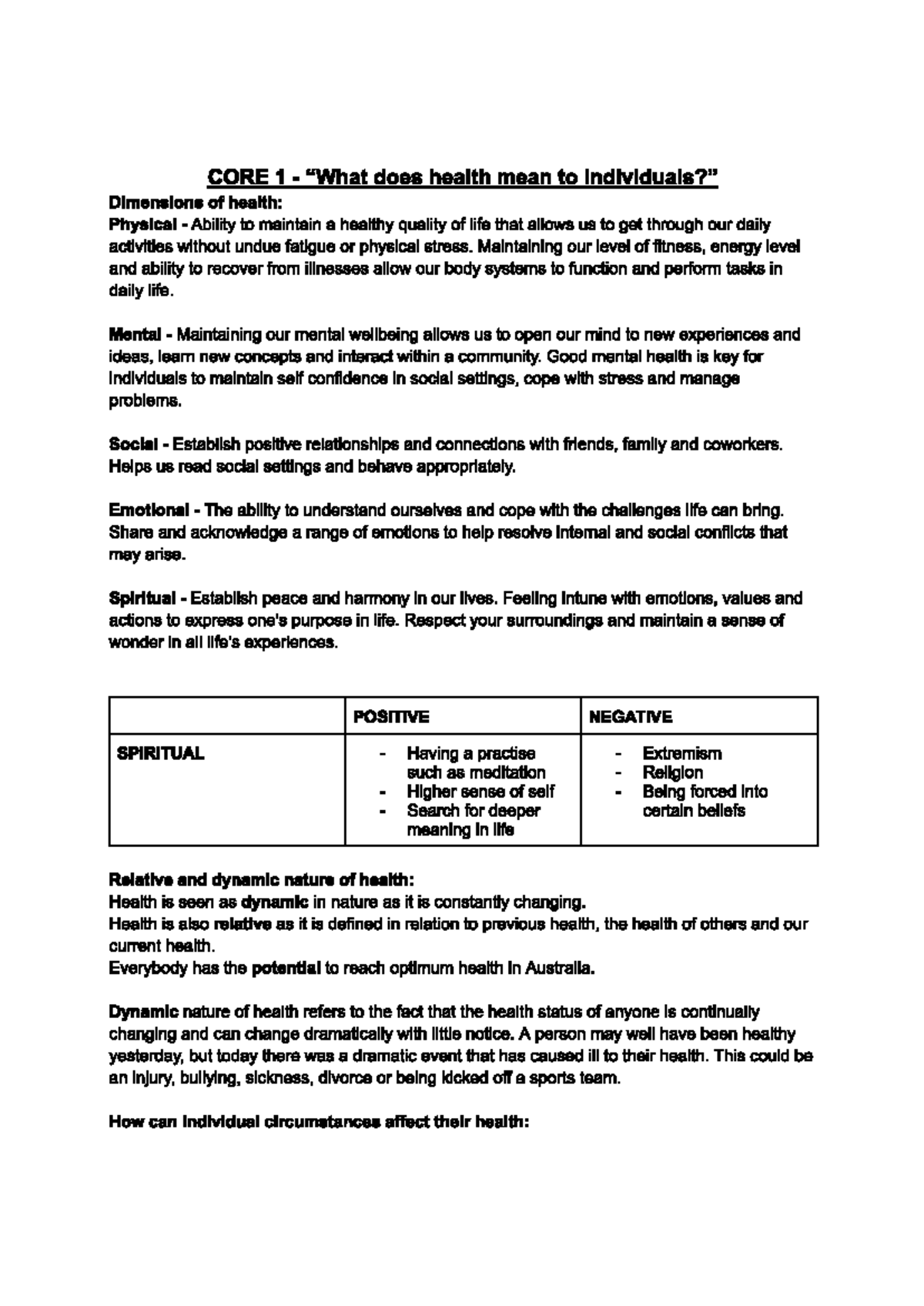 Pdhpe Notes CORE 1 - CORE 1 does health mean to Dimensions of health ...