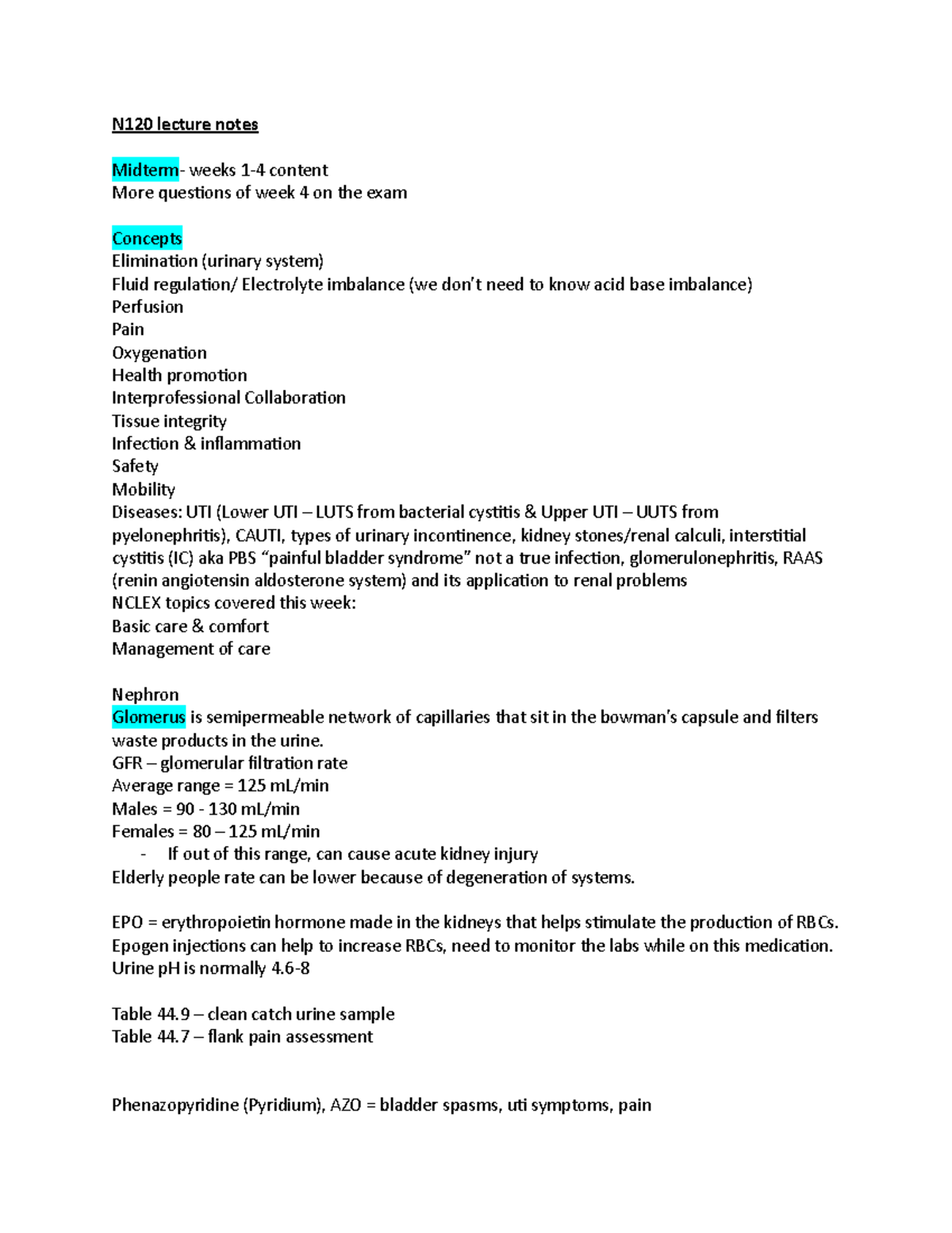 N120 lecture notes week 7 - N120 lecture notes Midterm- weeks 1-4 ...