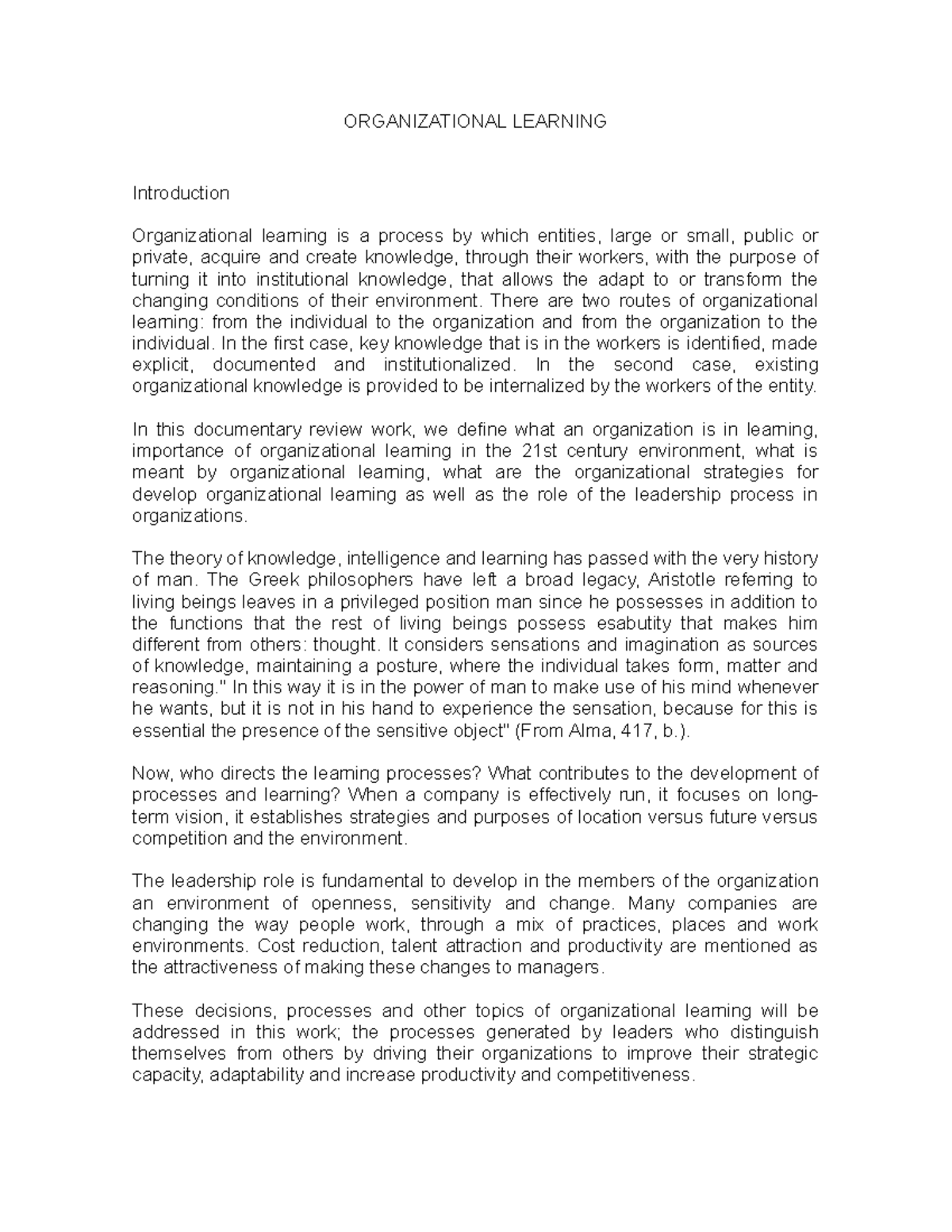 ORGANIZATIONAL LEARNING - ORGANIZATIONAL LEARNING Introduction ...