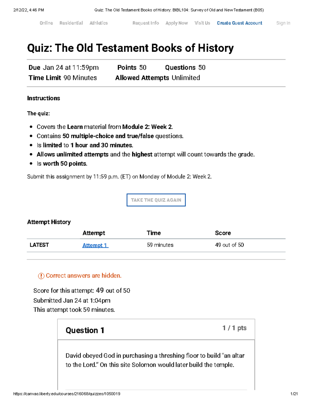 Quiz The Old Testament Books of History BIBL104 Survey of Old and New ...