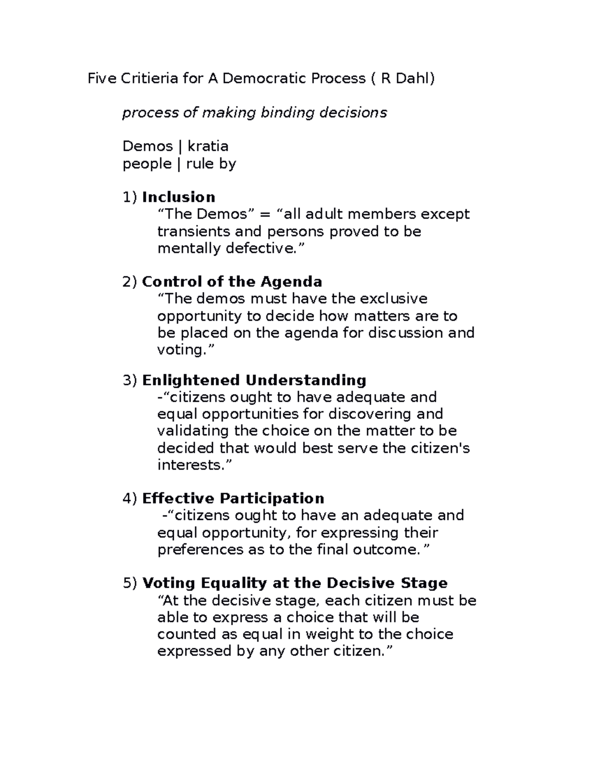 100 Five Critieria Democratic Process - Five Critieria for A Democratic ...