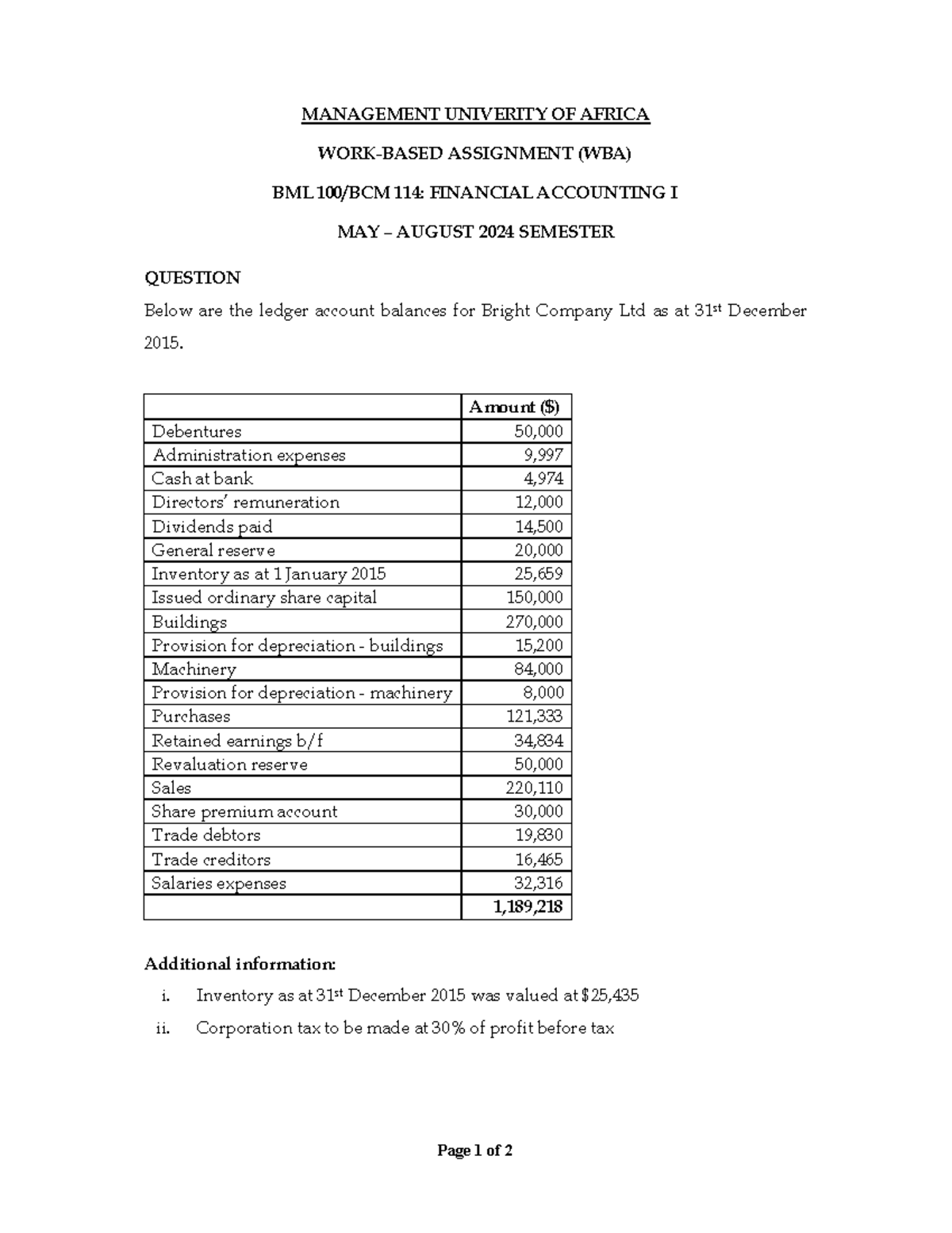 BML 100 or BCM 114 WBA May - Aug 2024 - Page 1 of 2 MANAGEMENT ...