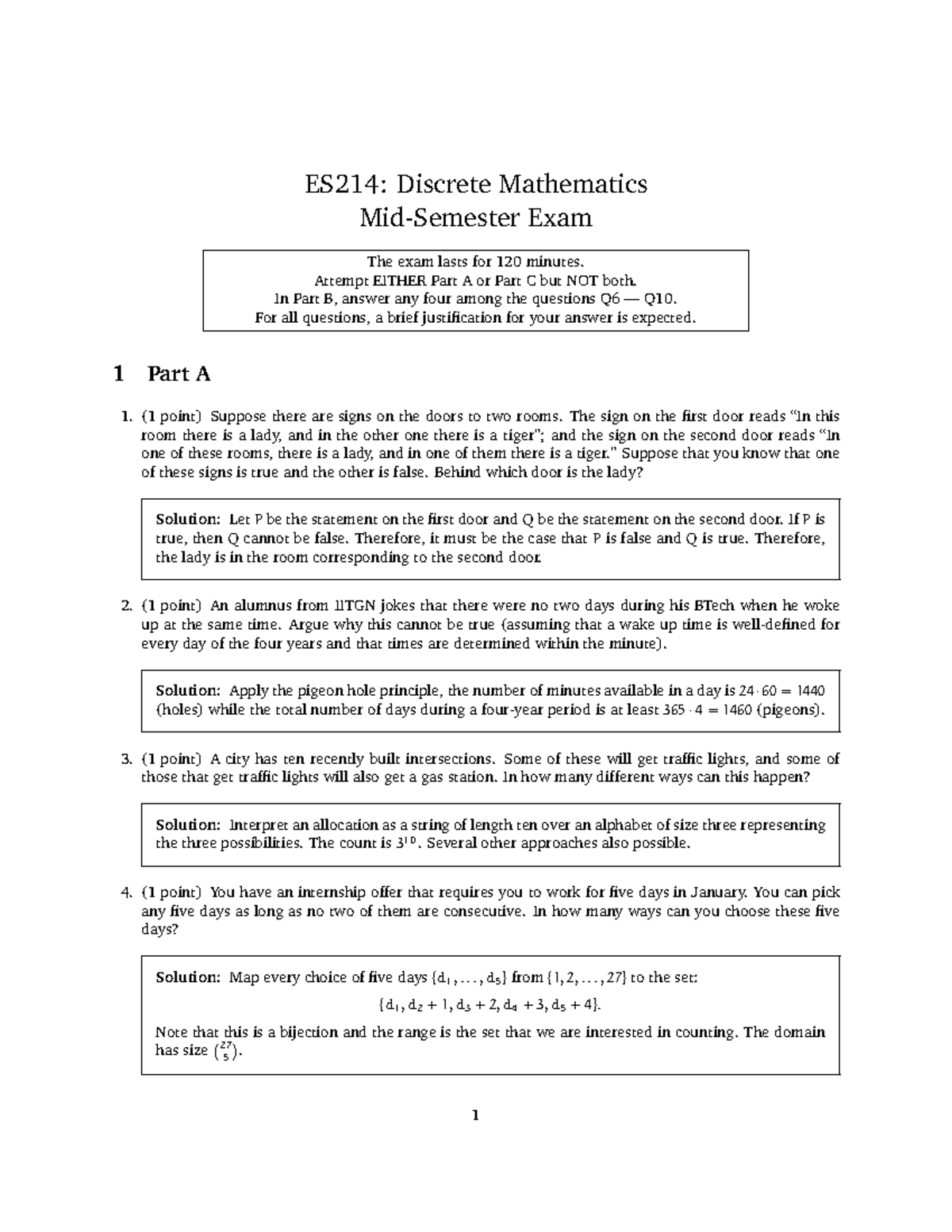 Mid Semester Answers - Practice tutorial shared by professor - ES214: Discrete Mathematics - Studocu