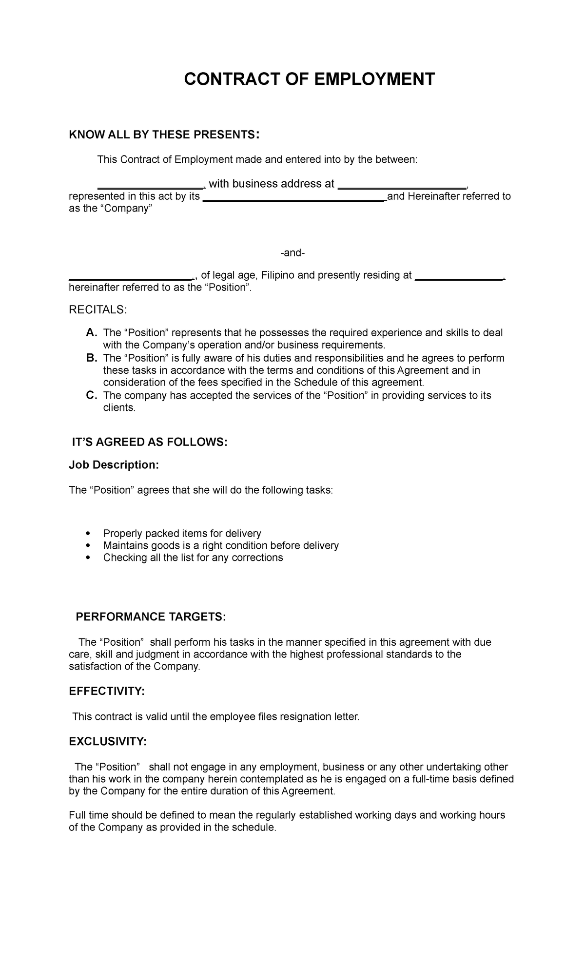 Employment Contract - CONTRACT OF EMPLOYMENT KNOW ALL BY THESE PRESENTS ...