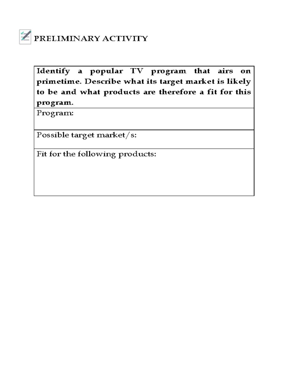 Marketing - Activity in lesson 13 - PRELIMINARY ACTIVITY Identify a ...