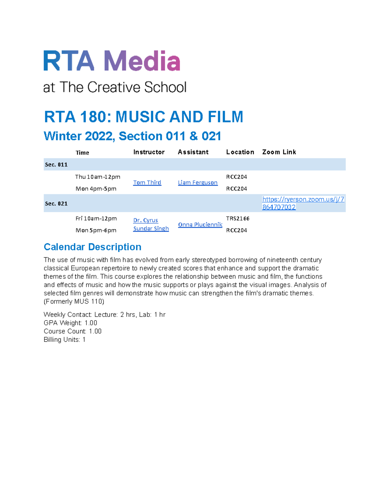 RTA180 Music and Film W2022 Course Outline - RTA 180: MUSIC AND FILM ...