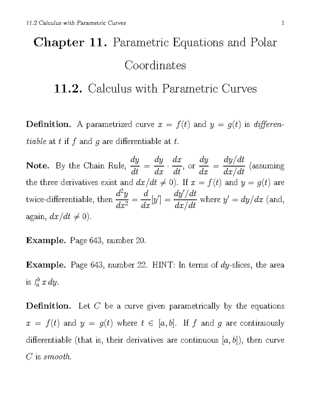 C11s2 - Calculus I lecture notes - 11 Calculus with Parametric Curves 1 ...