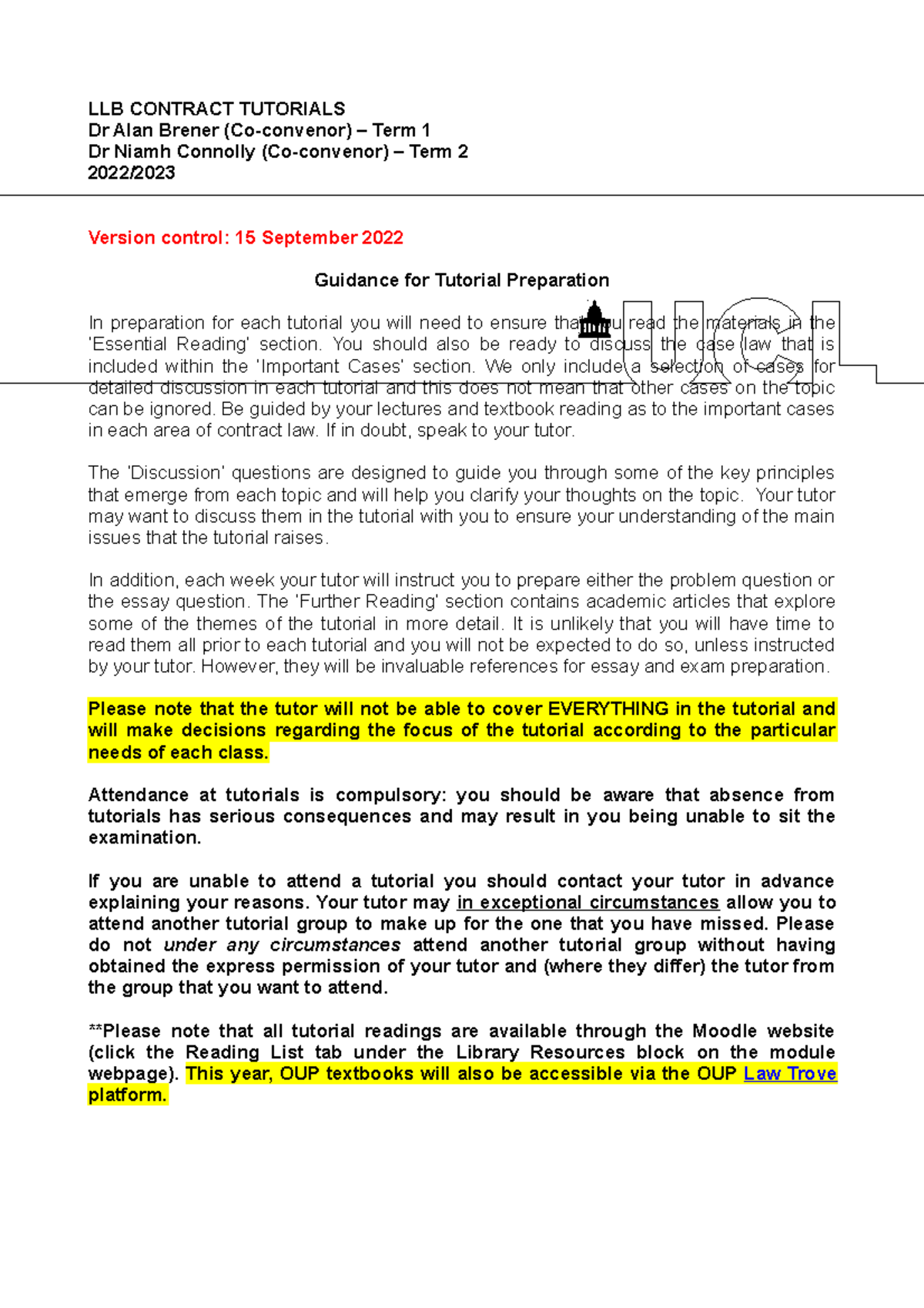 Contract tutorial booklet 2022-23 version 15 Sept 2022 - LLB CONTRACT TUTORIALS Dr Alan Brener ...