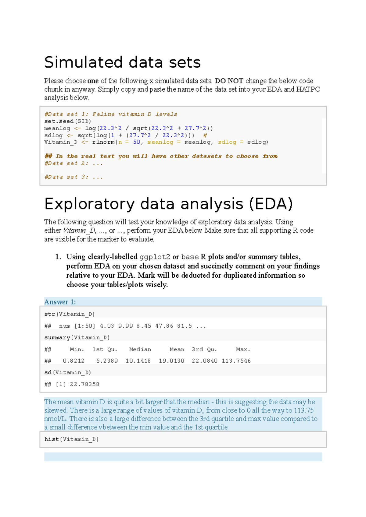 Mid Sem Practice test - Simulated data sets Please choose one of the ...