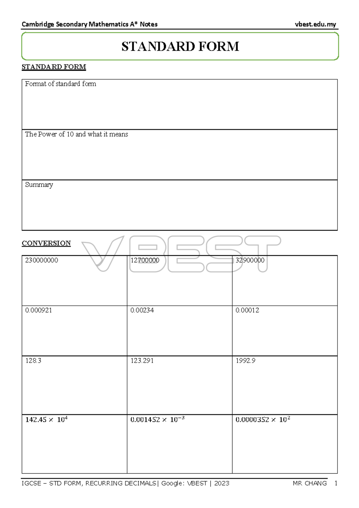 WMS STD FORM Recurring Decimals 1 - STANDARD FORM Format of standard ...