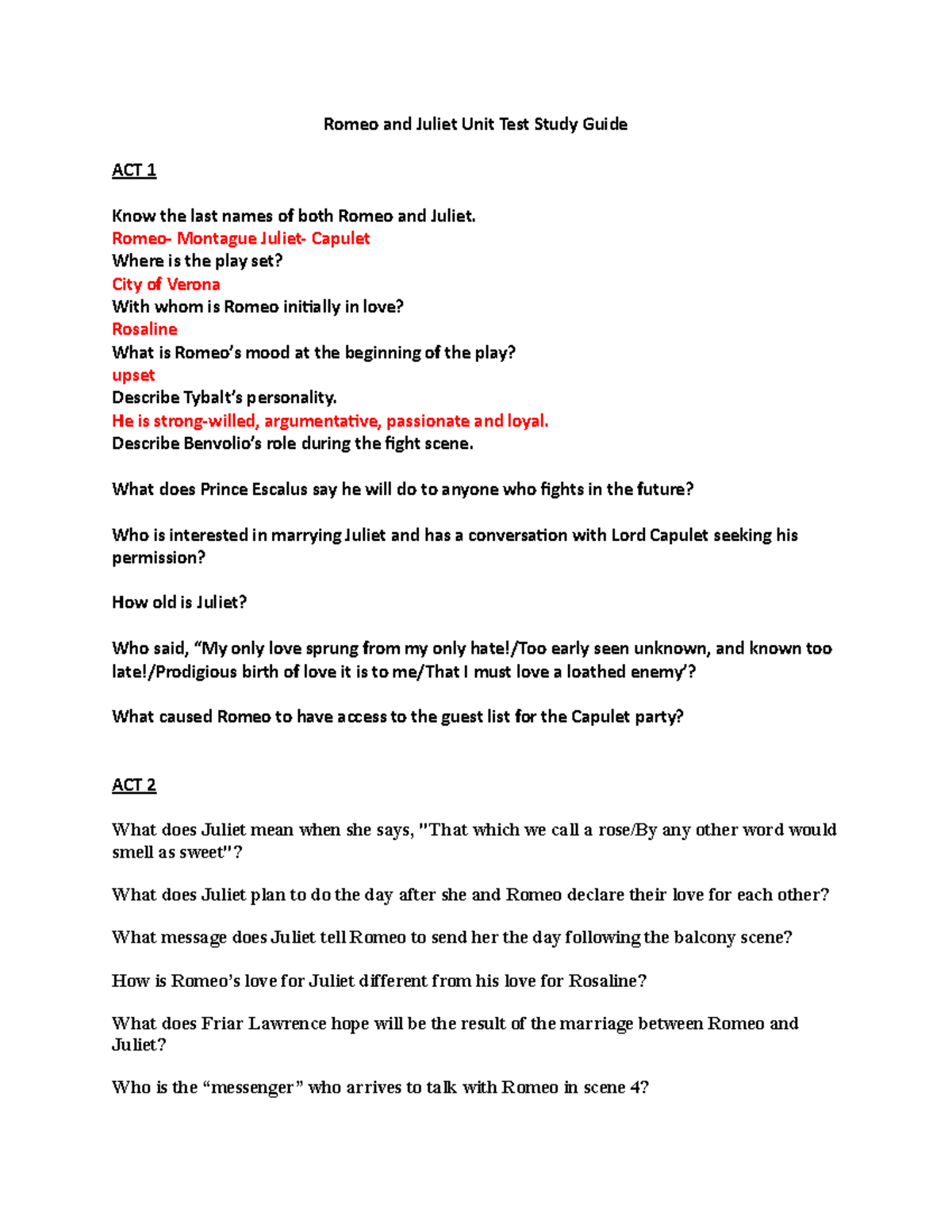 RJ Unit Test Study Guide - Romeo and Juliet Unit Test Study Guide ACT 1 ...