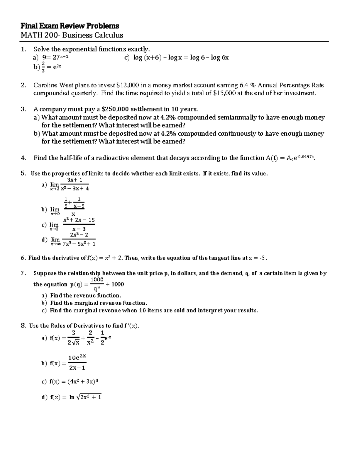 Math 200 Final Exam Review Final Exam Review Problems MATH 200