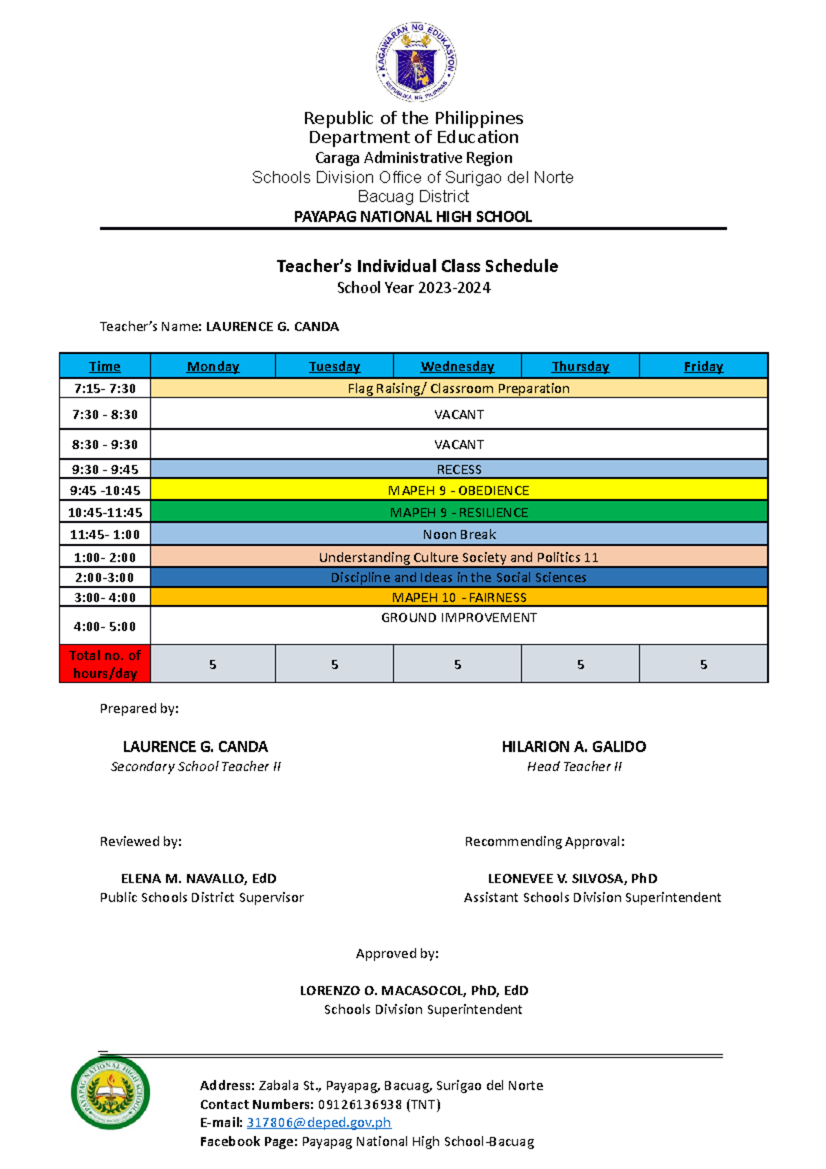 Individual Class Schedule Madianda Copy - Republic of the Philippines ...