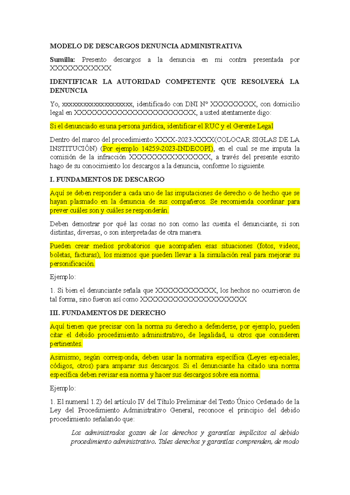 Modelo DE Descargos Denuncia Administrativa - MODELO DE DESCARGOS DENUNCIA ADMINISTRATIVA ...