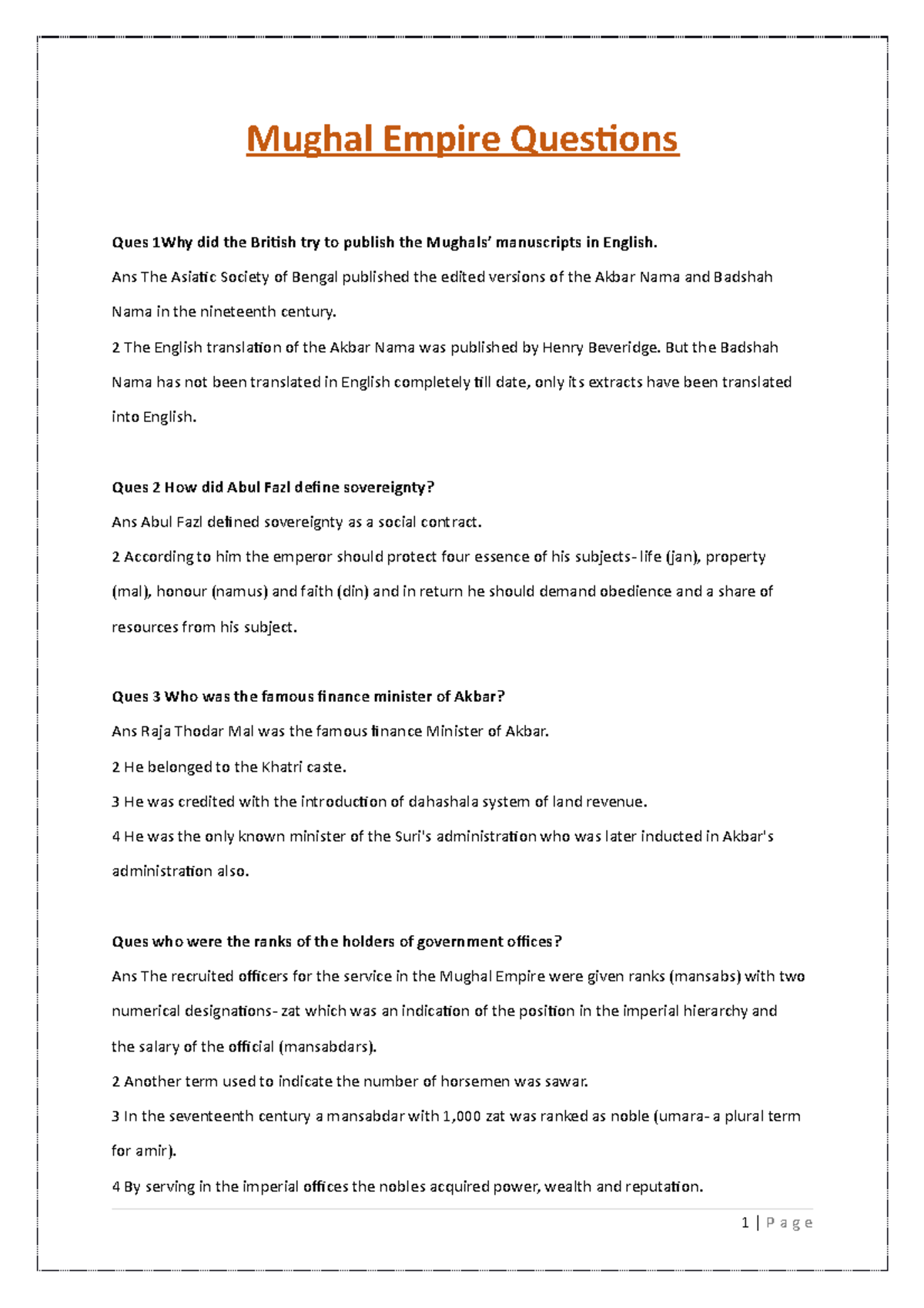 Mughal empire In India Question with Answers - Cultural History Of ...