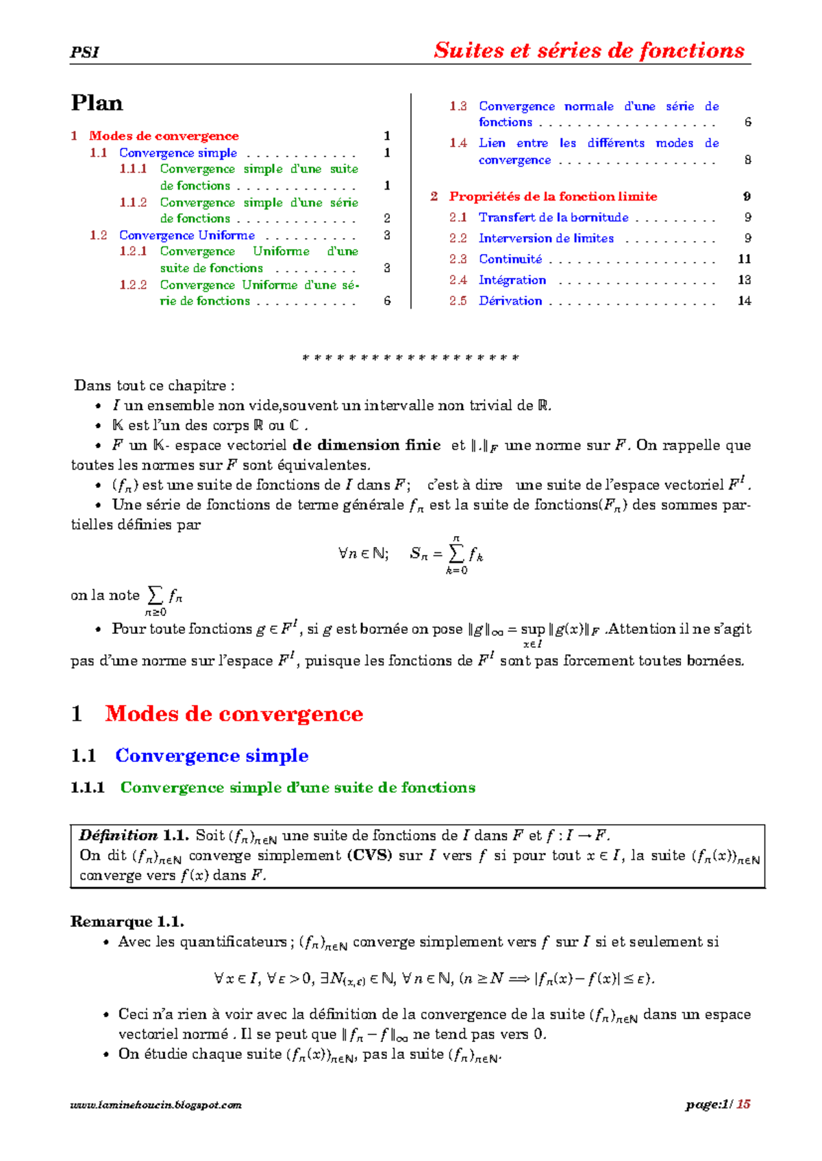 Ssfonct - Cours des maths. - Plan 1 Modes de convergence 1 1 ...