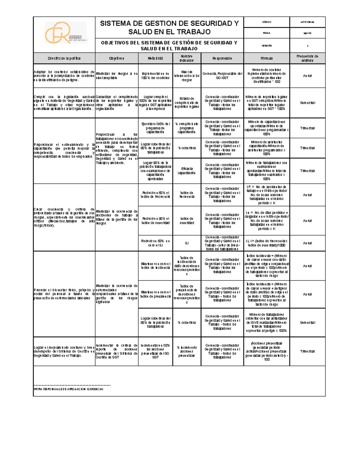 Objetivos del SG-SST (P) - CÓDIGO SST‐F‐OB‐ 01 FECHA ago‐ 22 VERSIÓN 1 ...