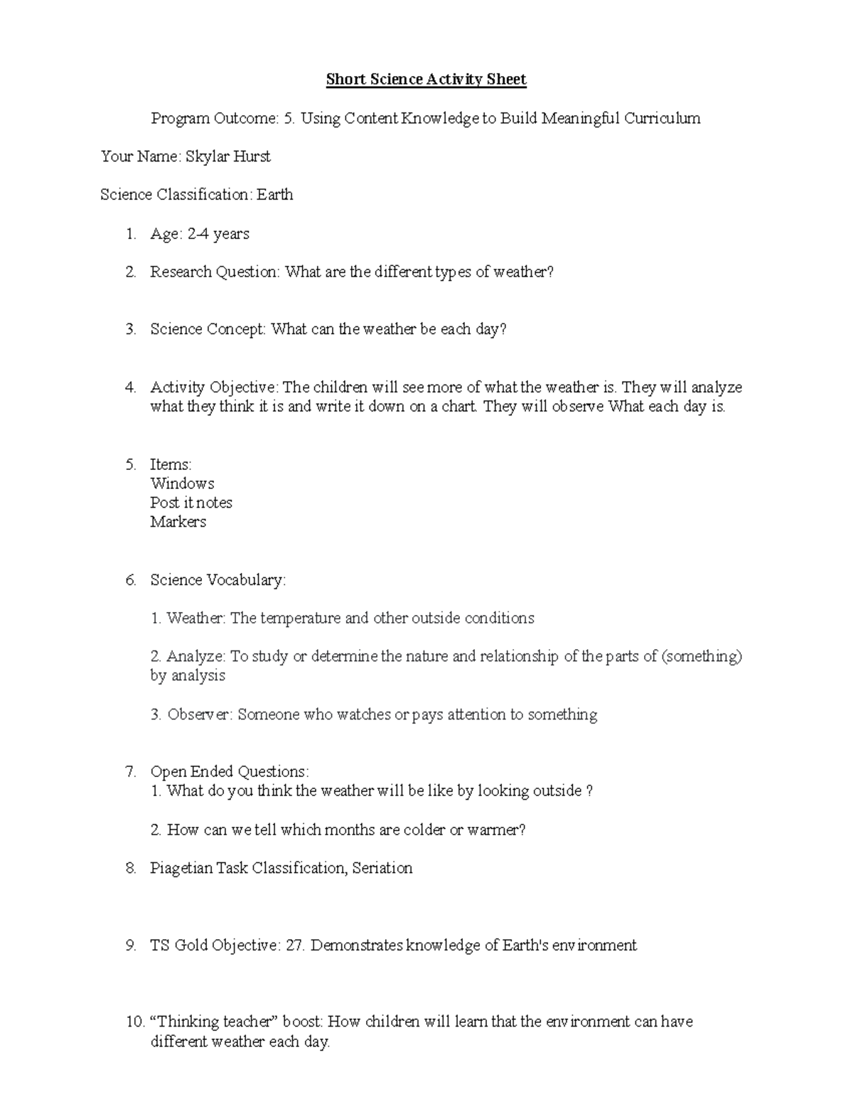 ECED 225 Short Science Activity Sheet - Short Science Activity Sheet ...