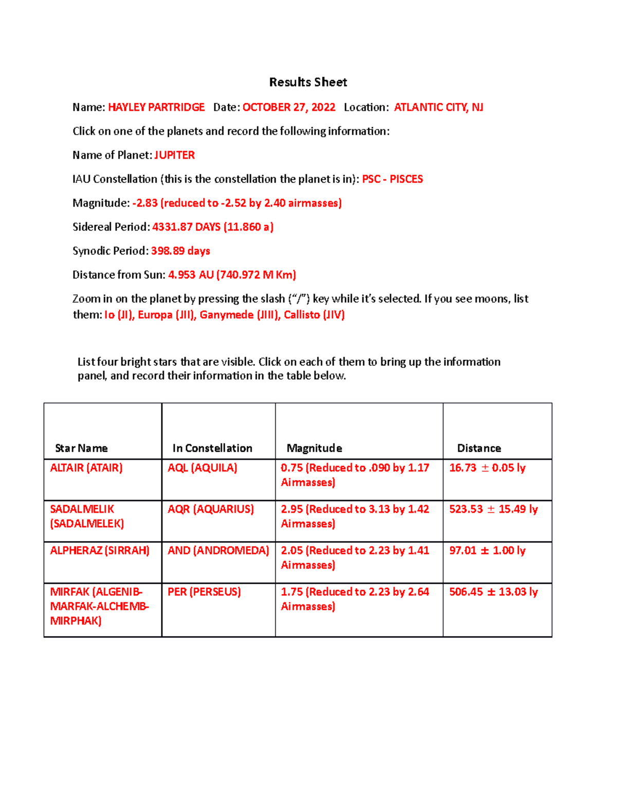 Stellarium - Observation Module 1 - Results Sheet Name: HAYLEY ...