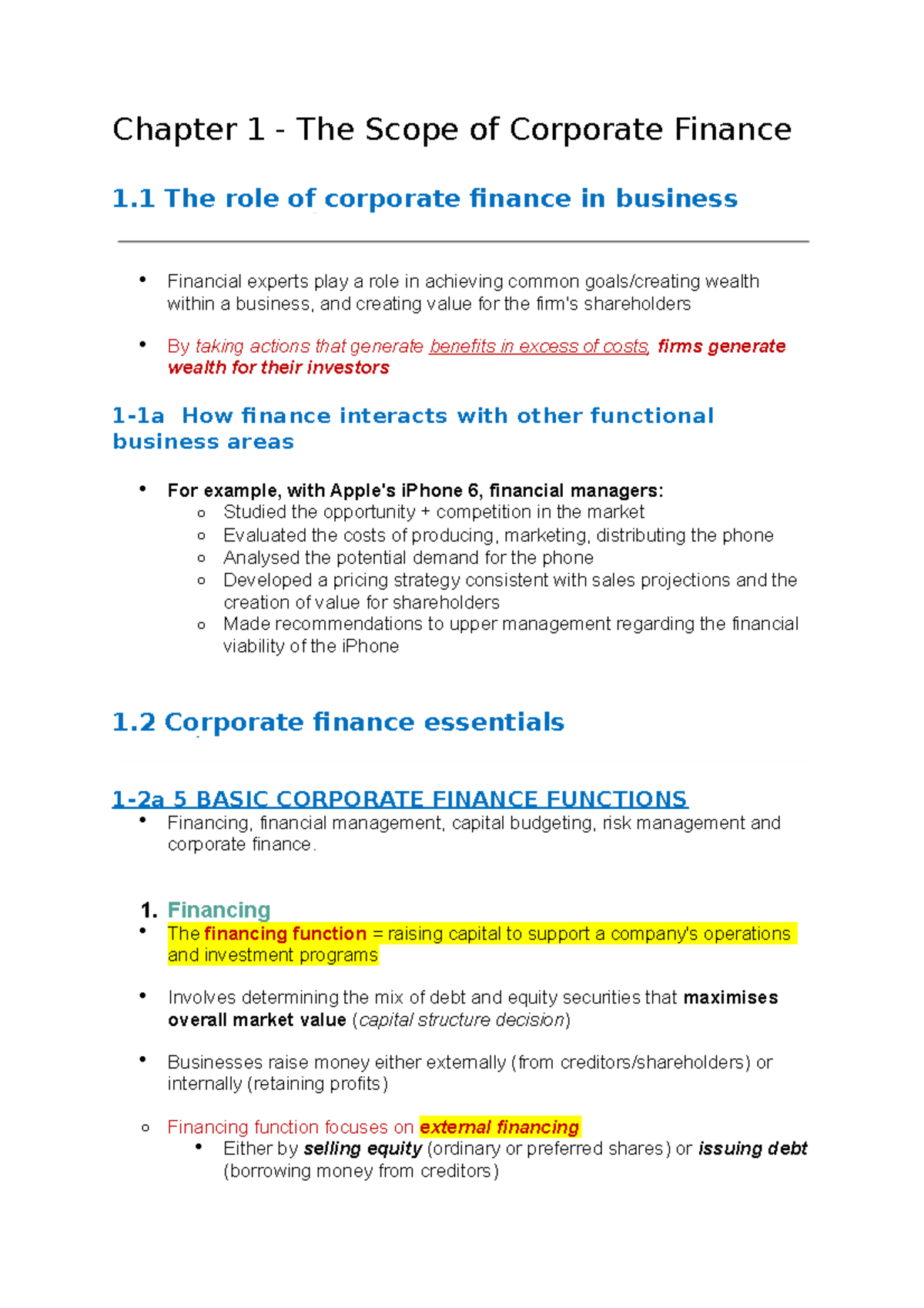 Principles of Finance H1 Textbook Notes - Chapter 1 - The Scope of ...