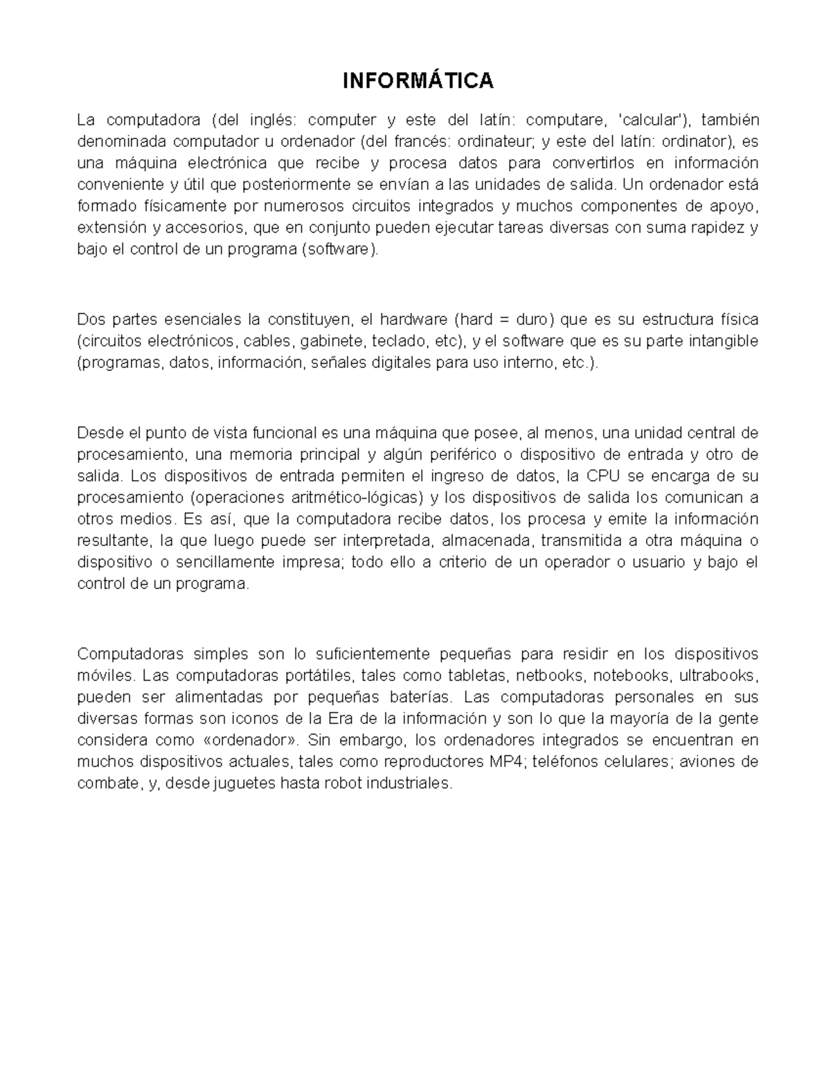 Teoria - apuntes - INFORMÁTICA La computadora (del inglés: computer y ...