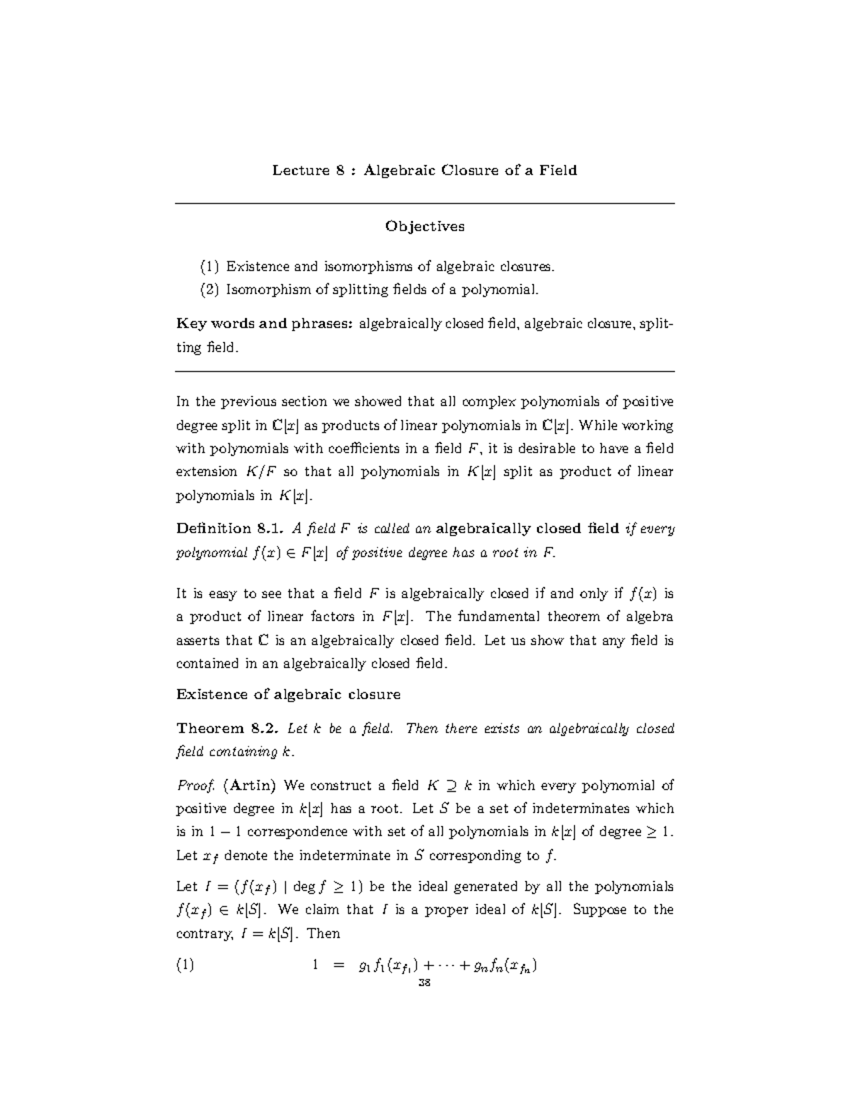 Algebraic Closure of a Field - Mathematics -I - AMU - Studocu