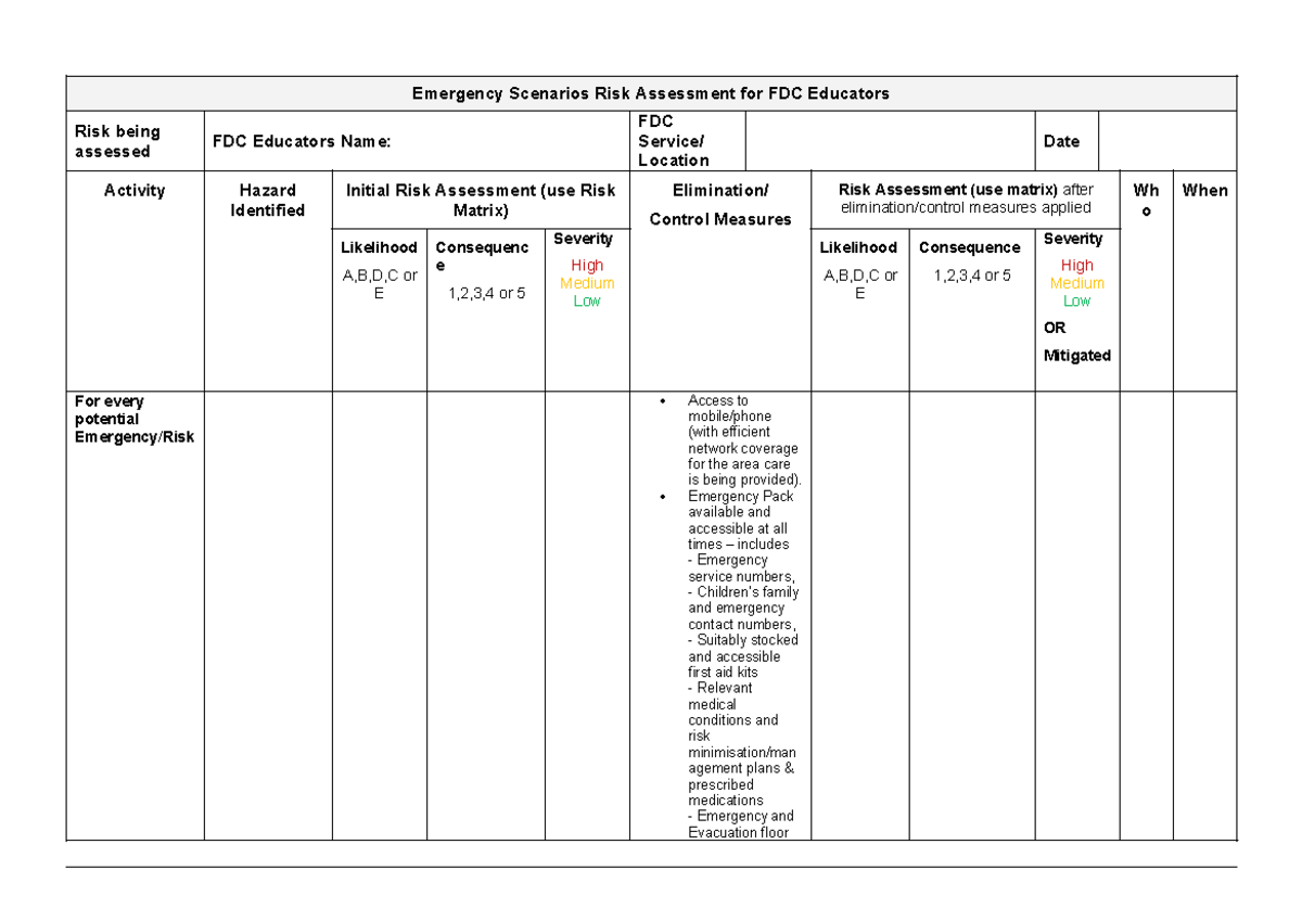 Emergency Risk Assessment Plan for FDC Educators (FDC 3) - Emergency ...