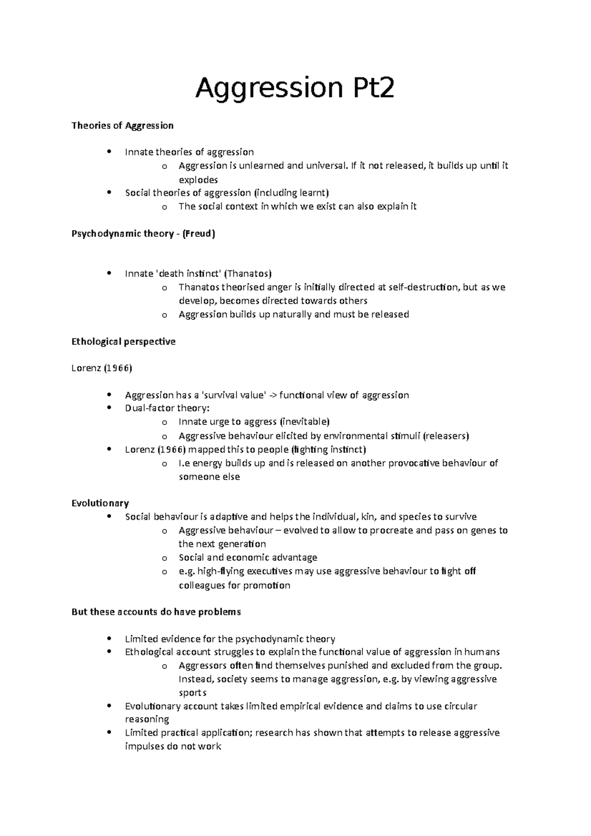 Aggression Pt2 - Aggression Pt Theories of Aggression Innate theories ...