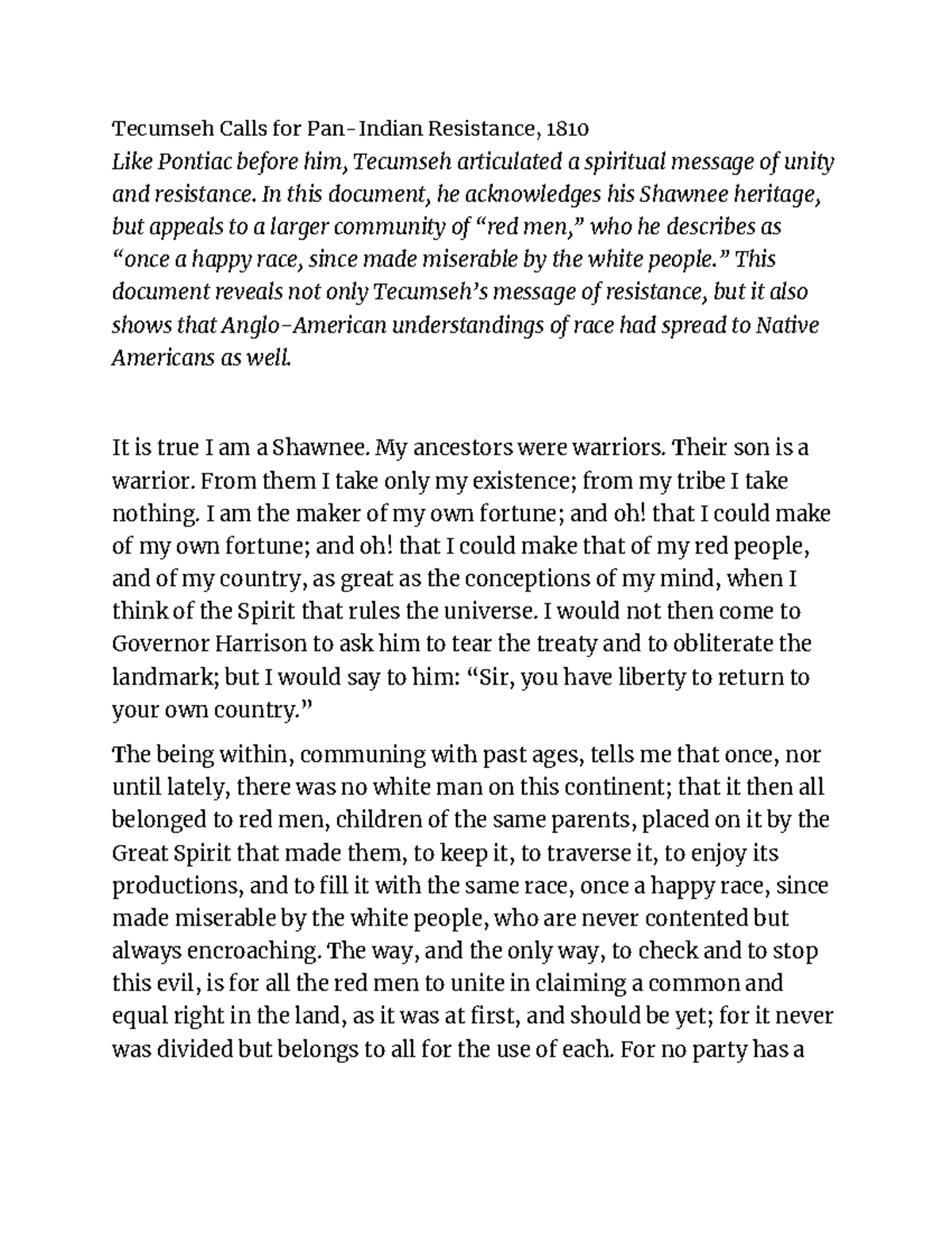 Tecumseh Notes - Tecumseh Calls for Pan-Indian Resistance, 1810 Like ...