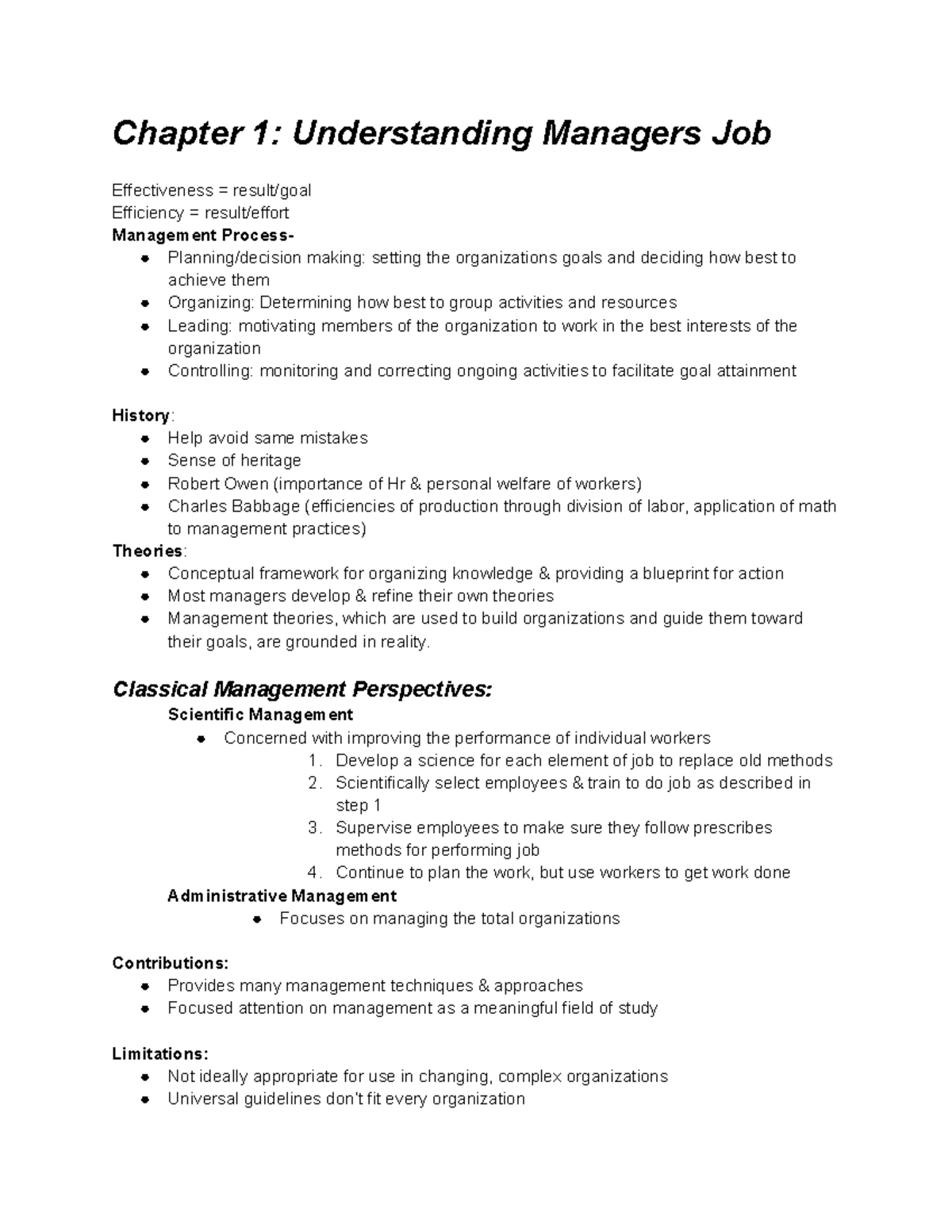 Ch. 1 Man - notes from lecture - Chapter 1: Understanding Managers Job ...