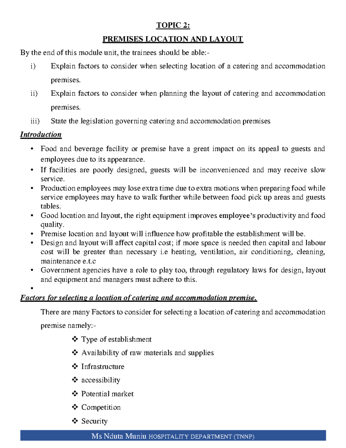 Topic 2. Premise Location & Layout - TOPIC 2: PREMISES LOCATION AND ...