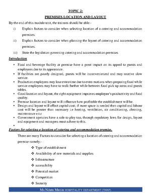 Topic 1. Introduction TO Catering & Accomodation Premises - Topic 1 ...