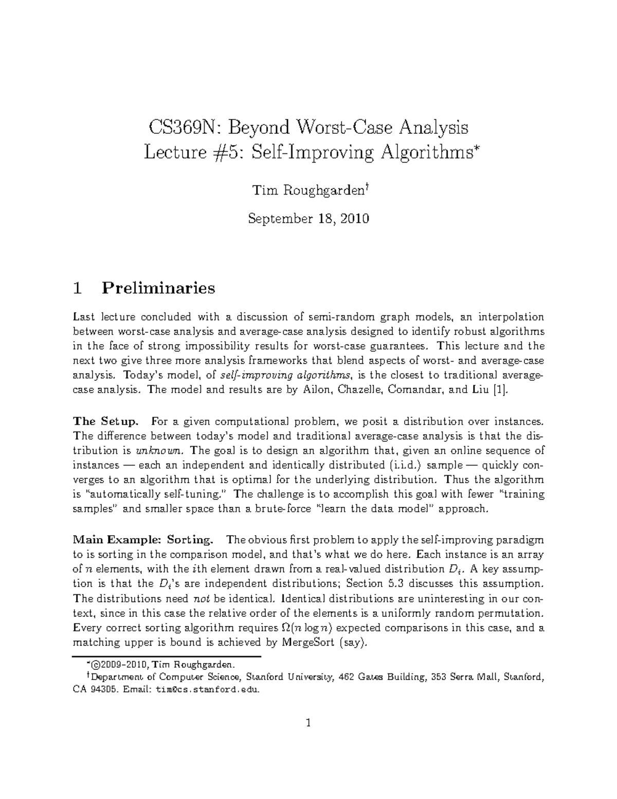 L17 old - Prof is Naveen Garg - CS369N: Beyond Worst-Case Analysis Lecture #5: Self-Improving ...