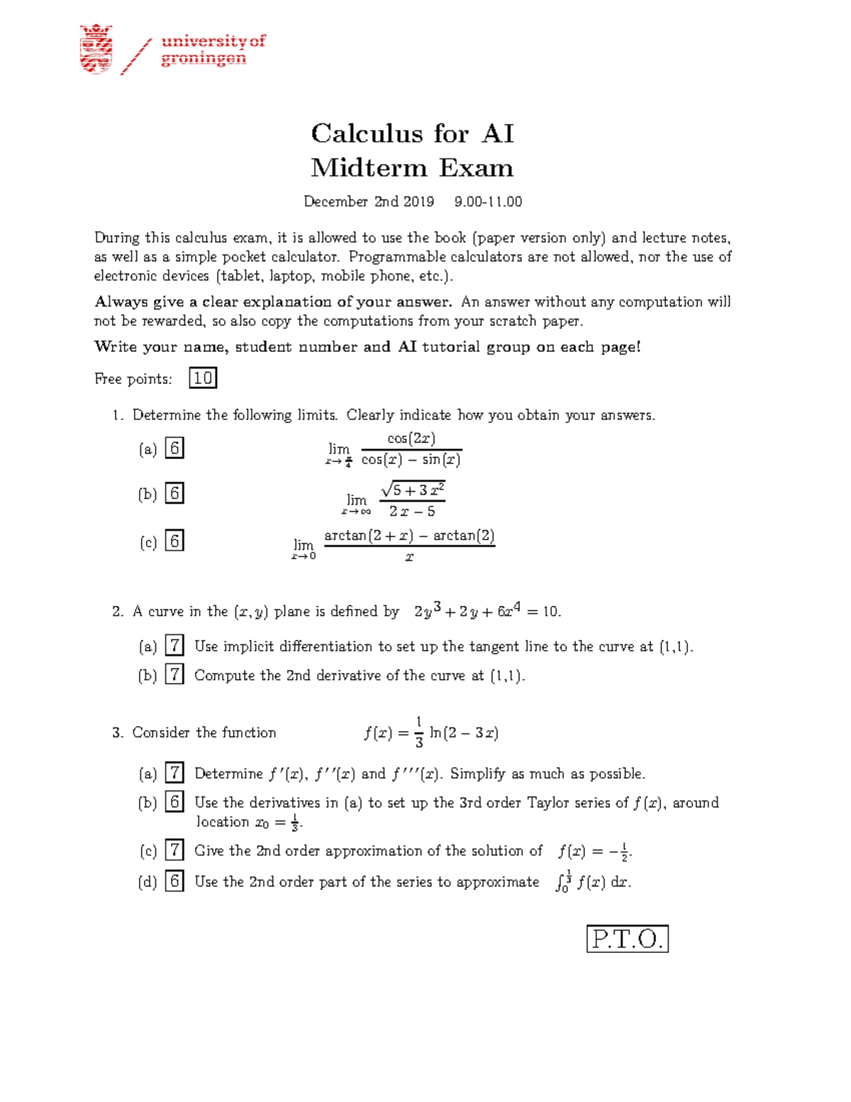 Midterm 2019 .dvi - 2019-12-02 midterm (AI) - Calculus for AI Midterm ...