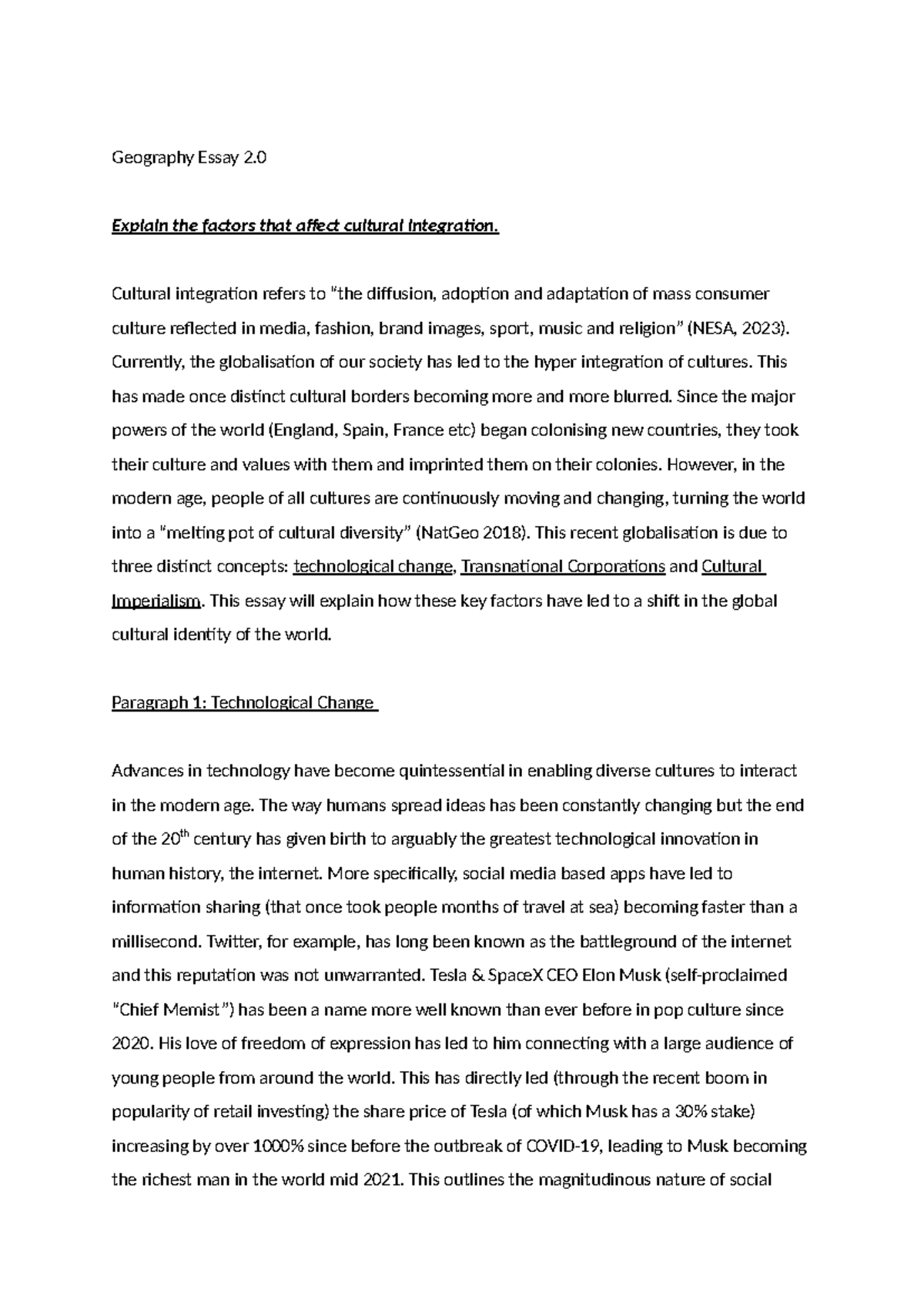 Geography Essay - Cultural Integration - Geography Essay 2. Explain the ...