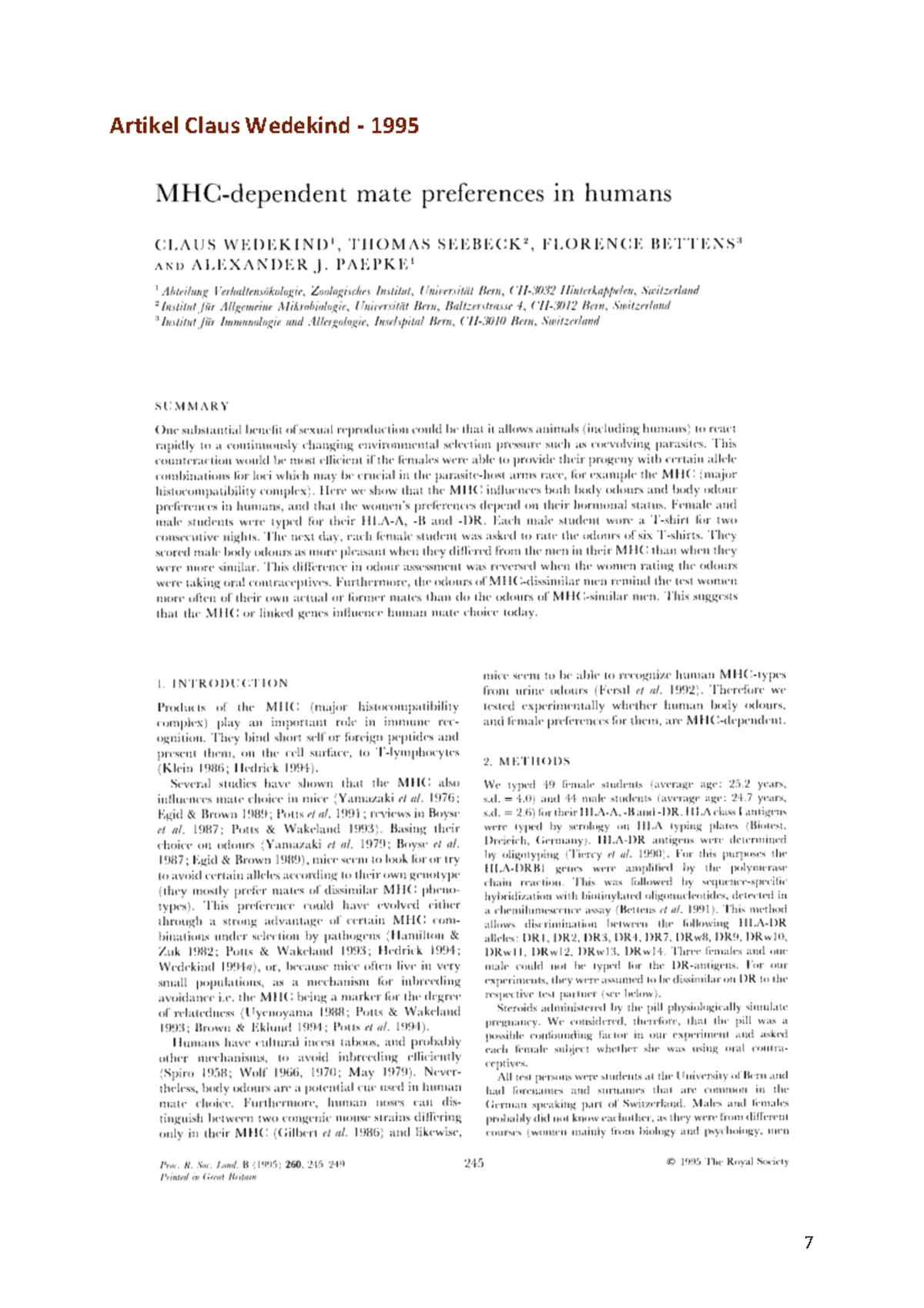 Biologie artikel Wedekind 1995 - Artikel Claus Wedekind 1995 mate ...