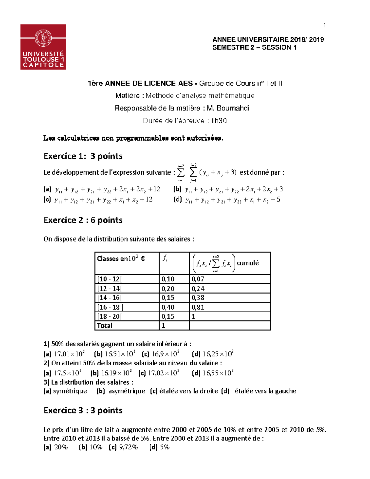Sujet d'examen 2018/2019 -plus corrigé- Warning: TT: undefined function: 32 Warning: TT ...