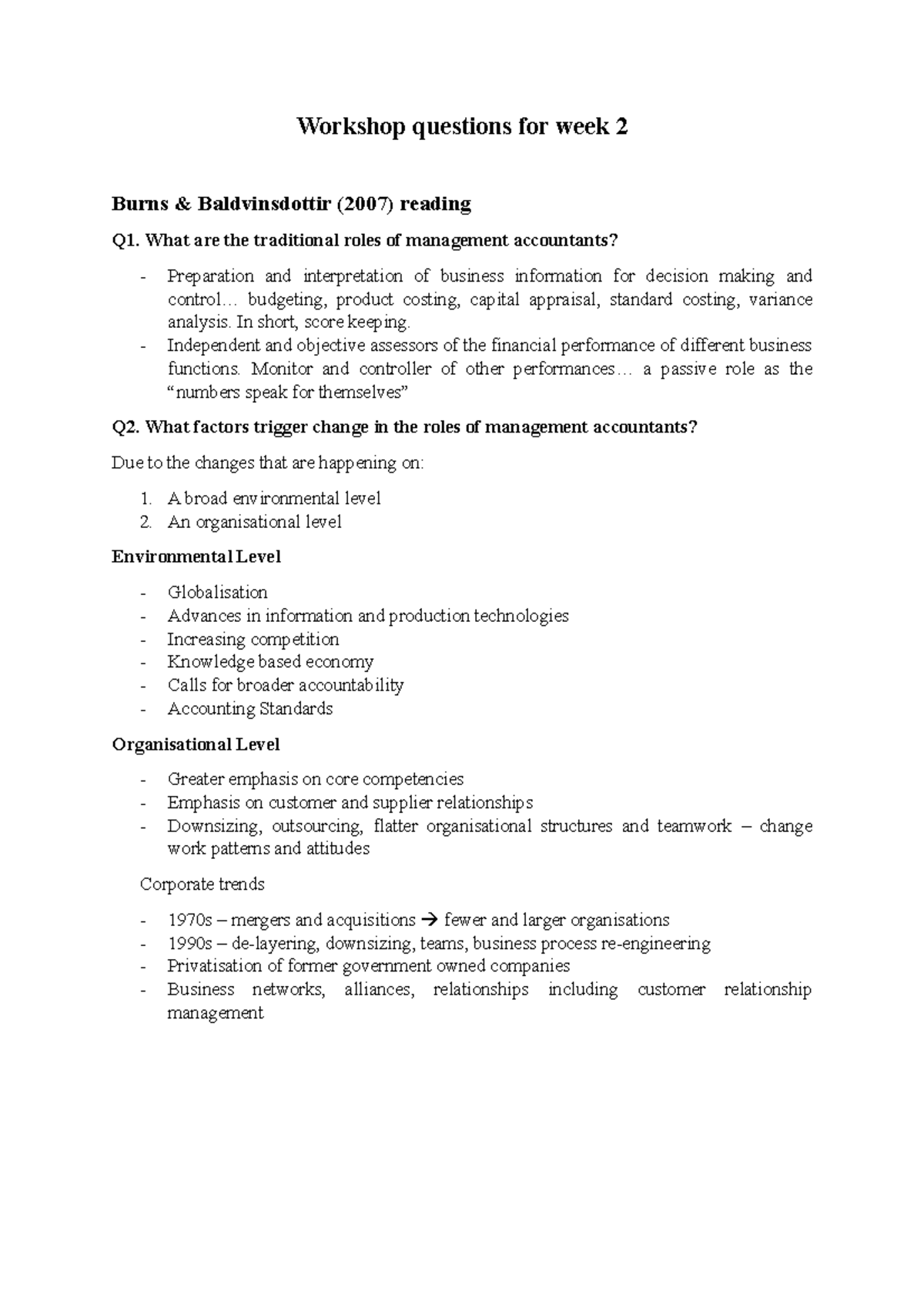 Week 2 Workshop questions answers - Workshop questions for week 2 Burns ...