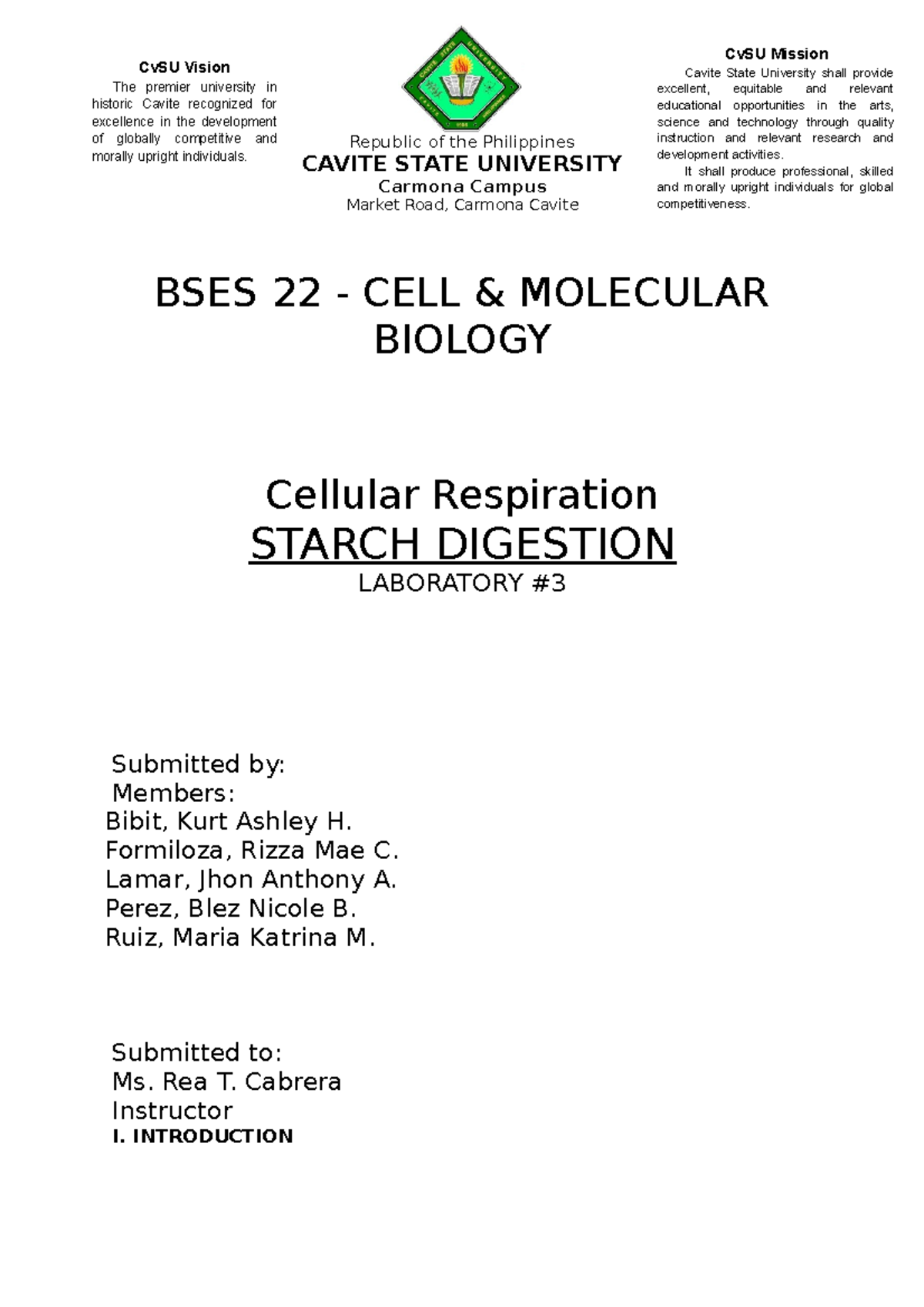 LAB Report 3 CMB - Cellular Respiration - [ Republic of the Philippines ...