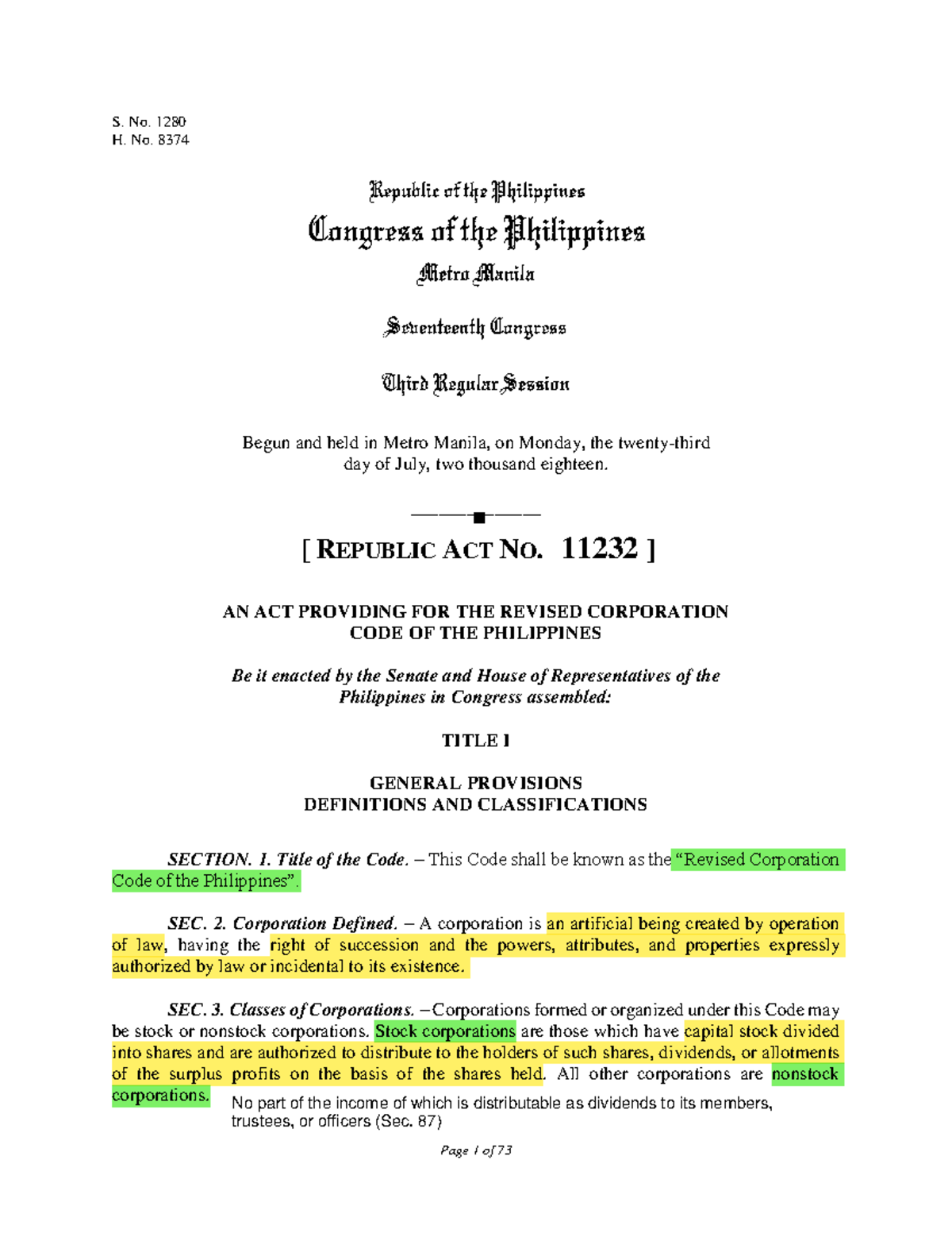 2019 Legislation RA-11232- Revised- Corporation-CODE-2019 - S. No. 1280 ...
