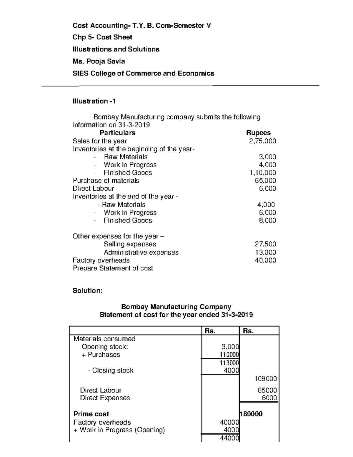 1Practicals on Cost Sheet - Cost Accounting- T. B. Com-Semester V Chp 5- Cost Sheet ...