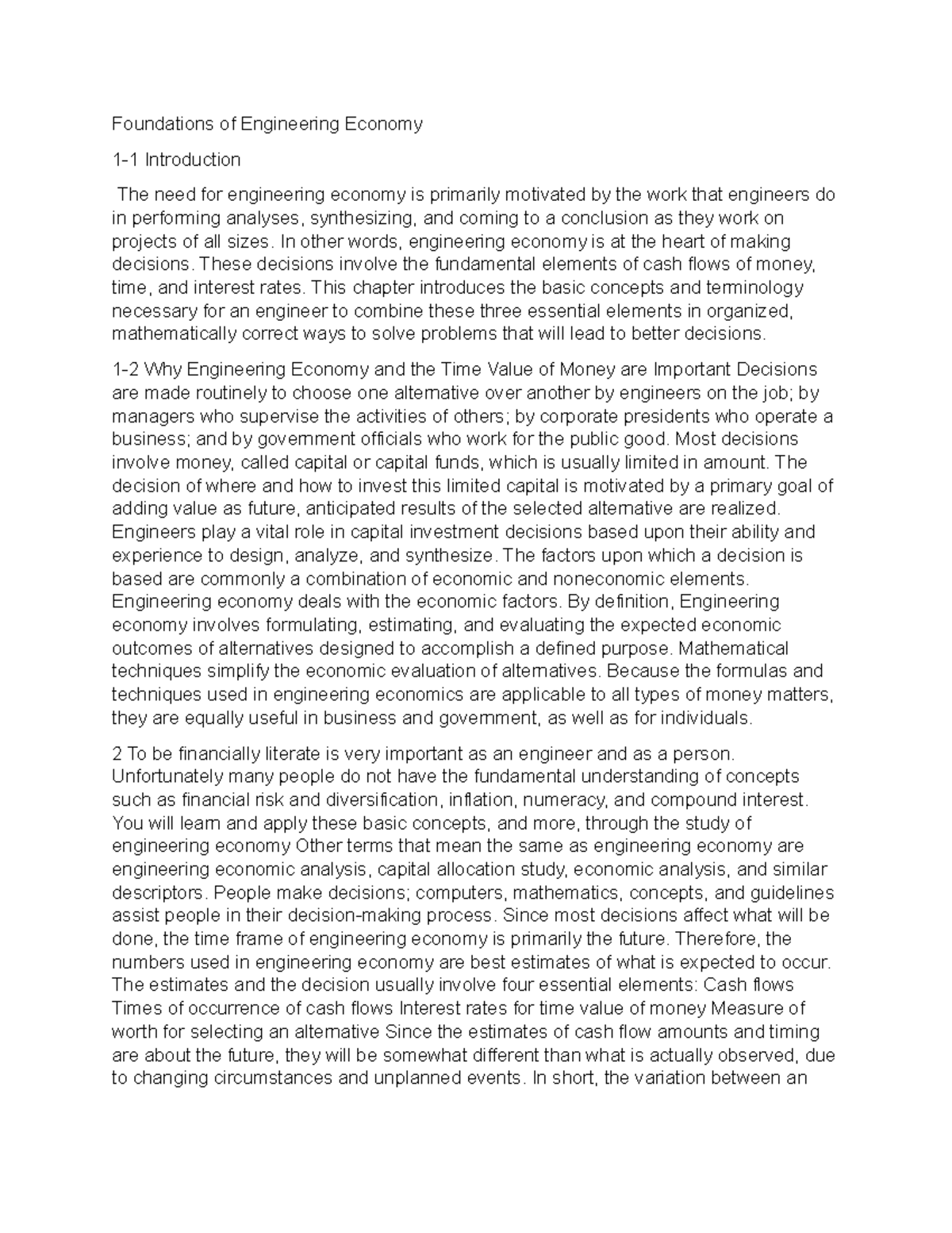 Foundations of Engineering Economy - In other words, engineering ...